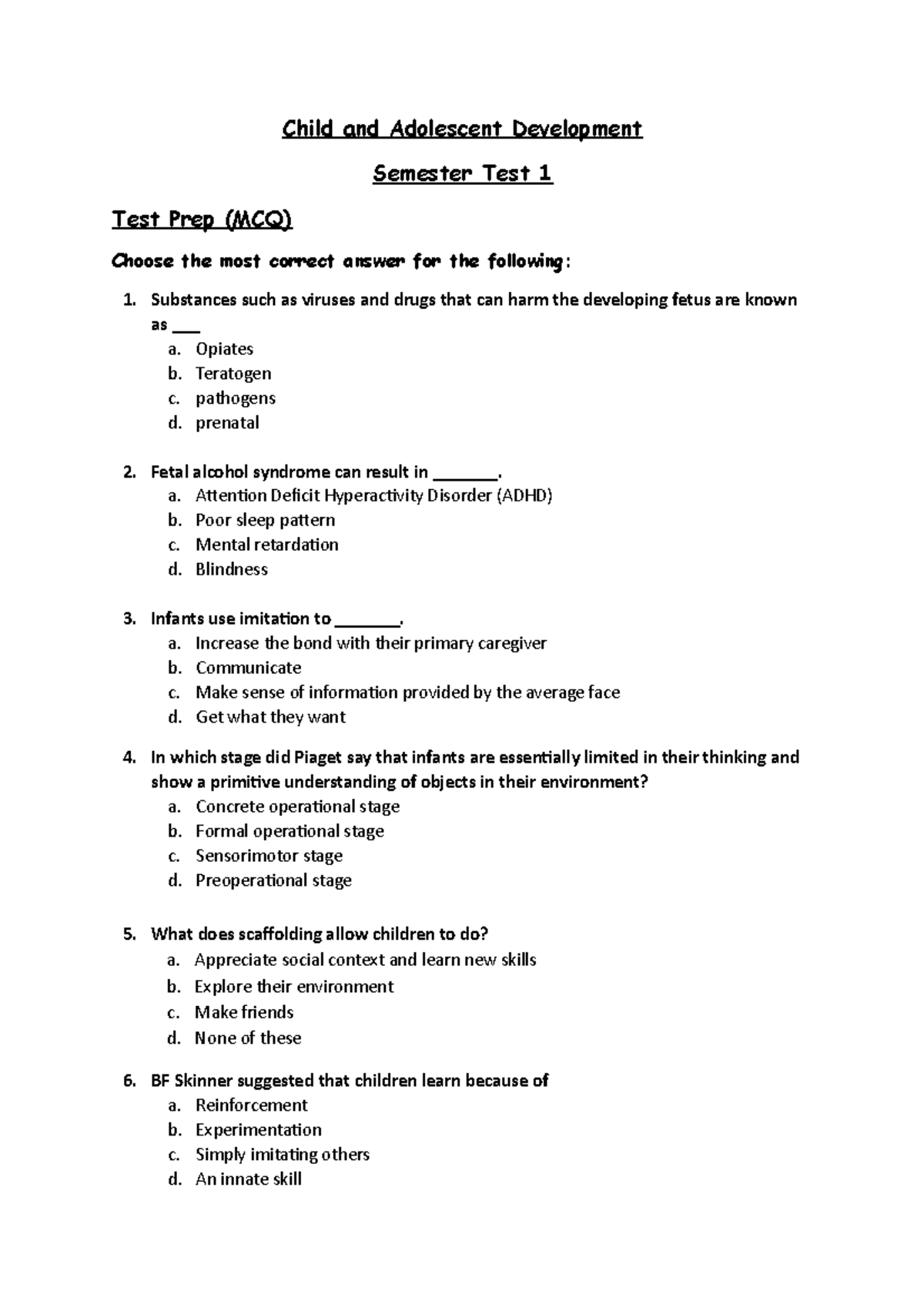 CAD - Semtester Test 1 Prep - Child and Adolescent Development Semester ...