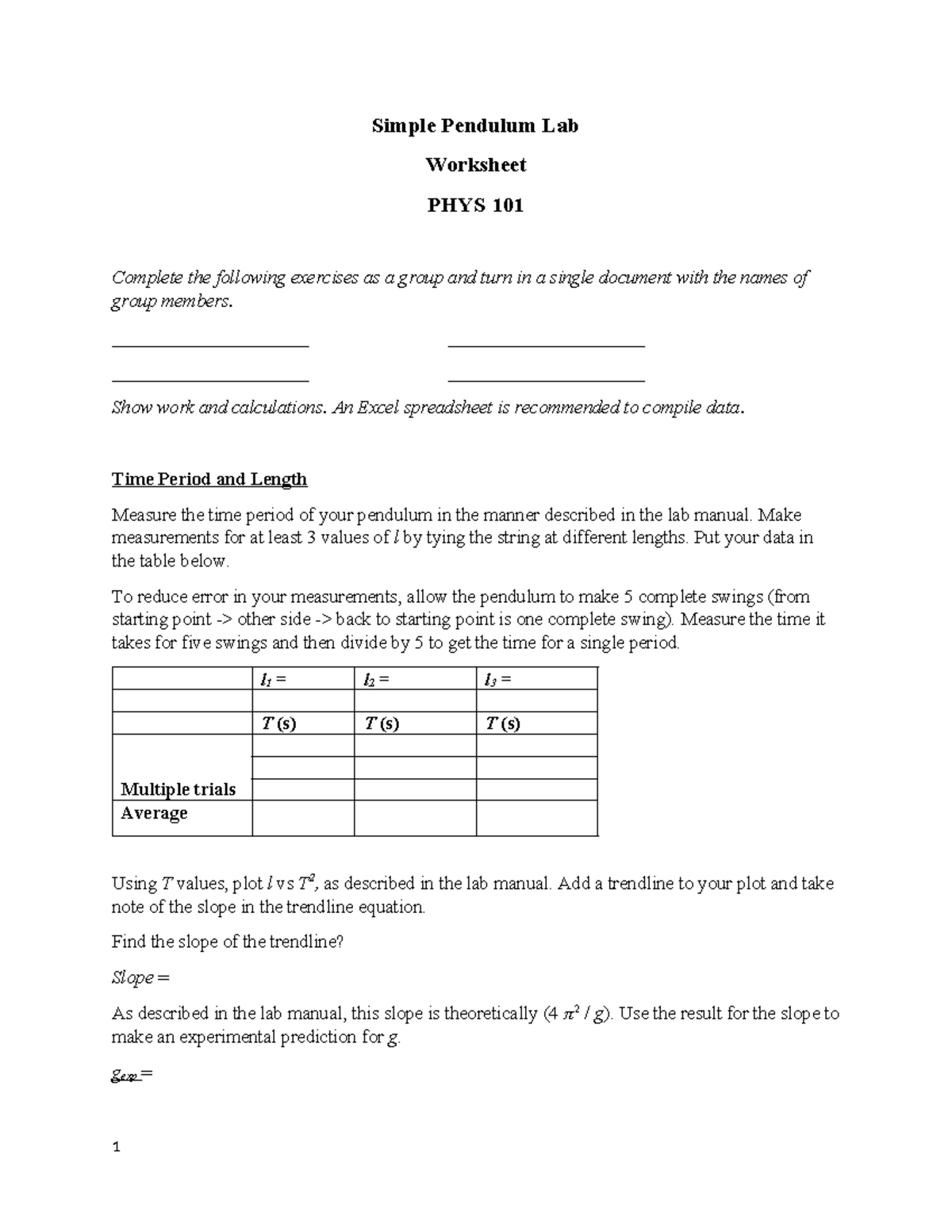 The Simple Pendulum - Worksheet 010422 - Simple Pendulum Lab Worksheet ...