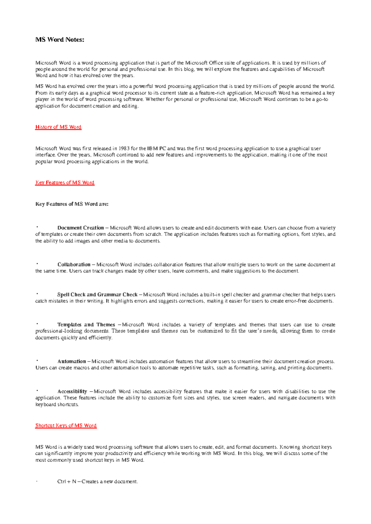 1 - WORD - WORD NOTES - MS Word Notes: Microsoft Word is a word ...