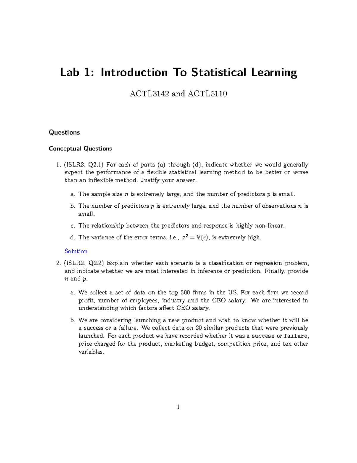 Lab1 - ACTL3142 Lab 1 Questions - Lab 1: Introduction To Statistical Learning ACTL3142 and ACTL ...