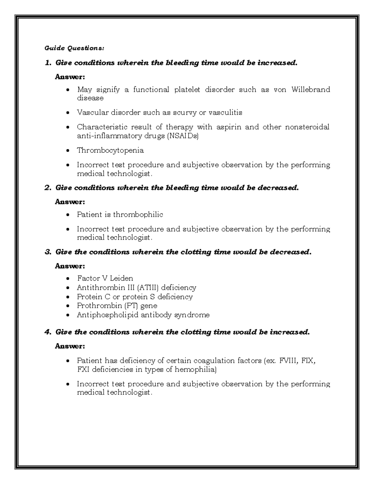 Bleeding & Clotting Time Activity - Guide Questions: Give conditions ...
