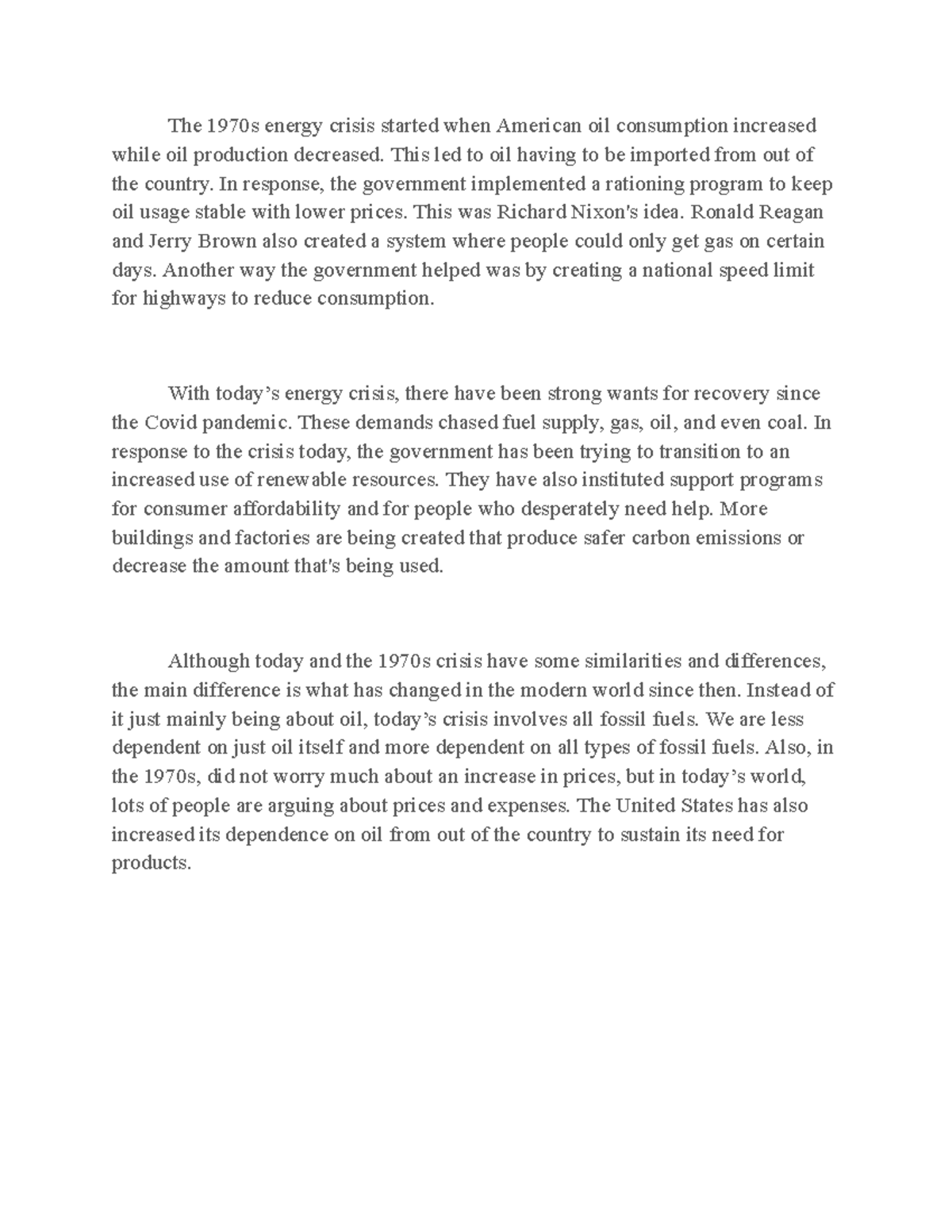 8.01 Honors esssay - The 1970s energy crisis started when American oil ...