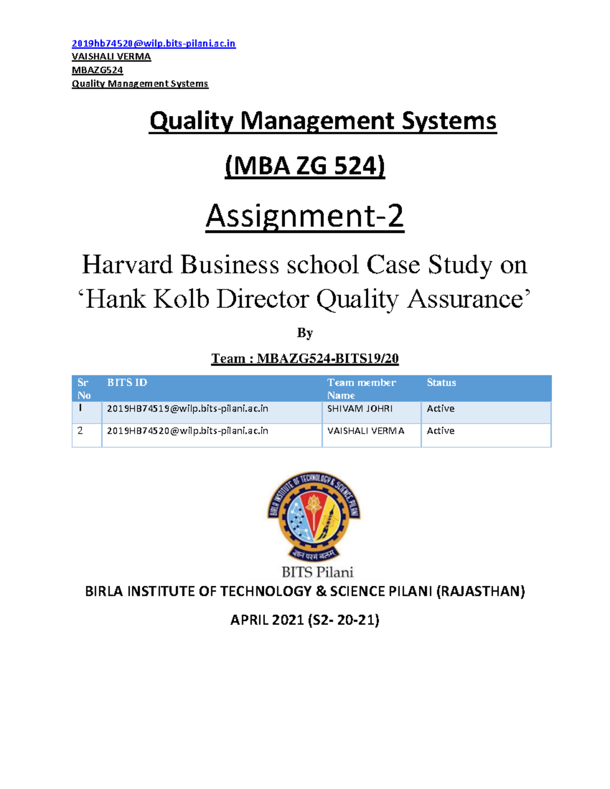QMS Assignment 2 - 2019 hb74520 - VAISHALI VERMA MBAZG Quality ...