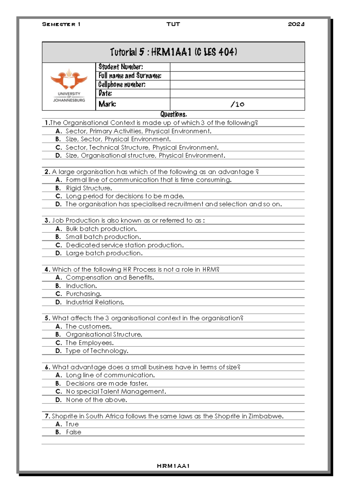 Tutorial 5 HR 1A - Semester 1 TUT 2024 HRM1AA Tutorial 5 : HRM1AA1 (C ...