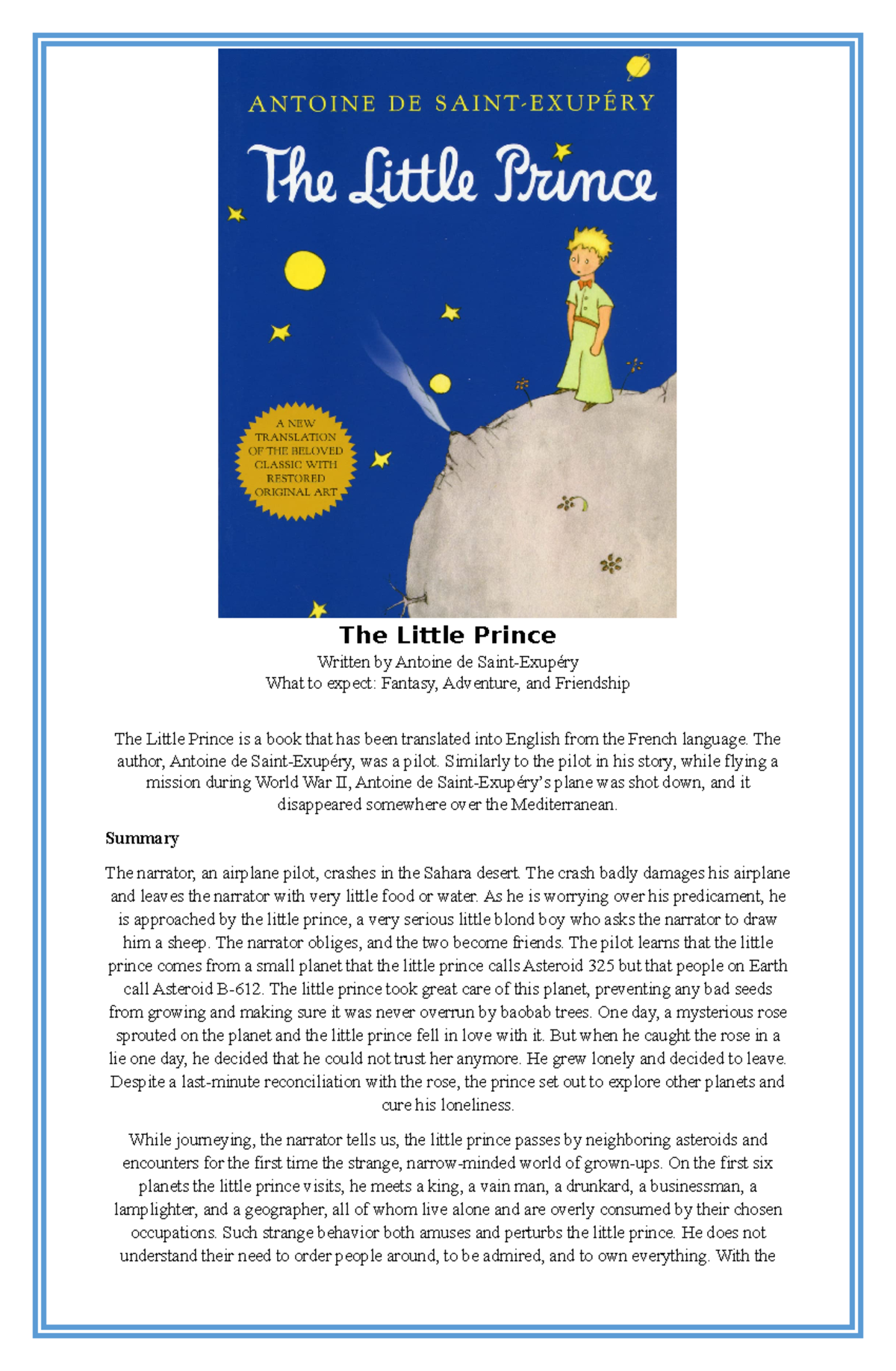 Book Review - The Little Prince Written by Antoine de Saint-Exupéry ...