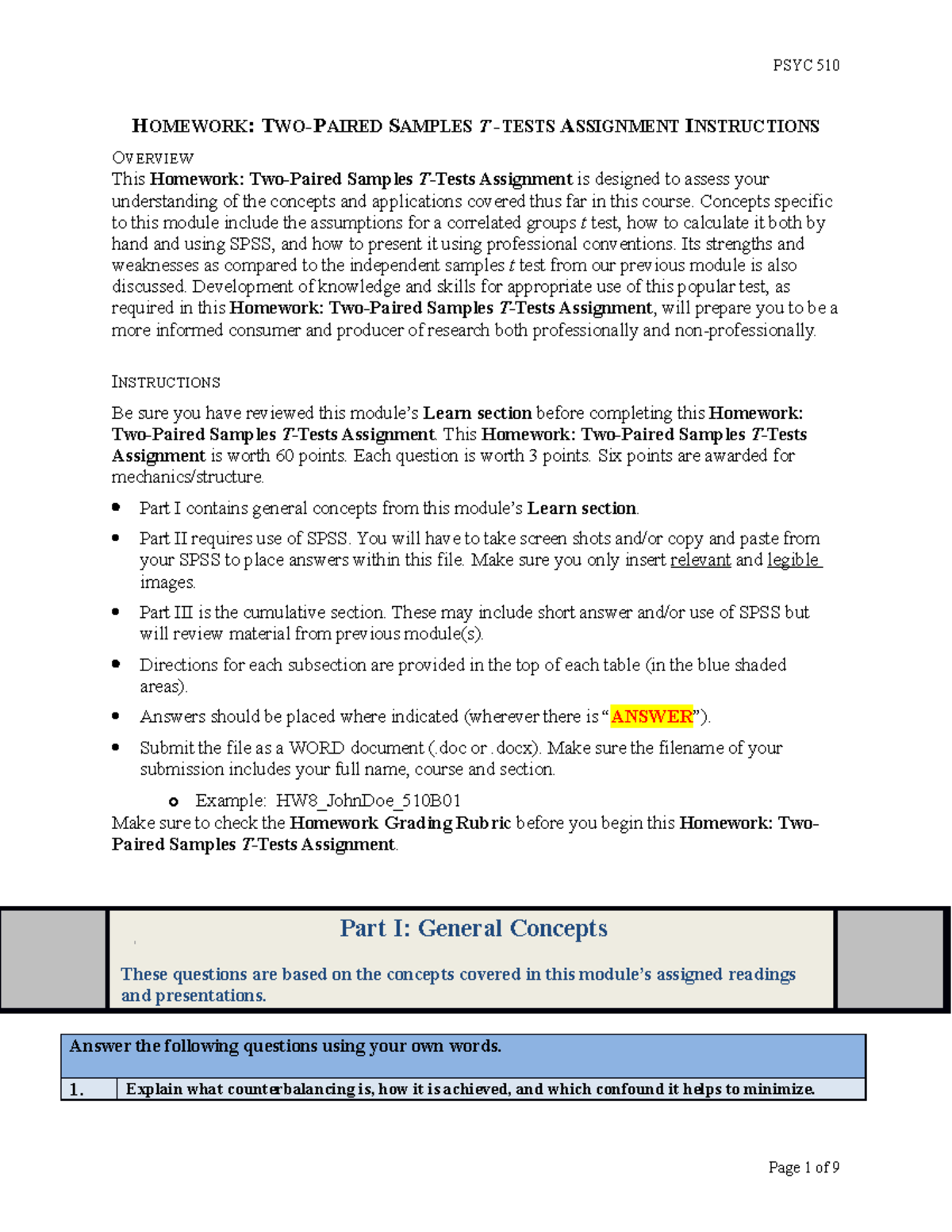 Homework Paired Samples T-Tests Assignment - Concepts specific to this ...