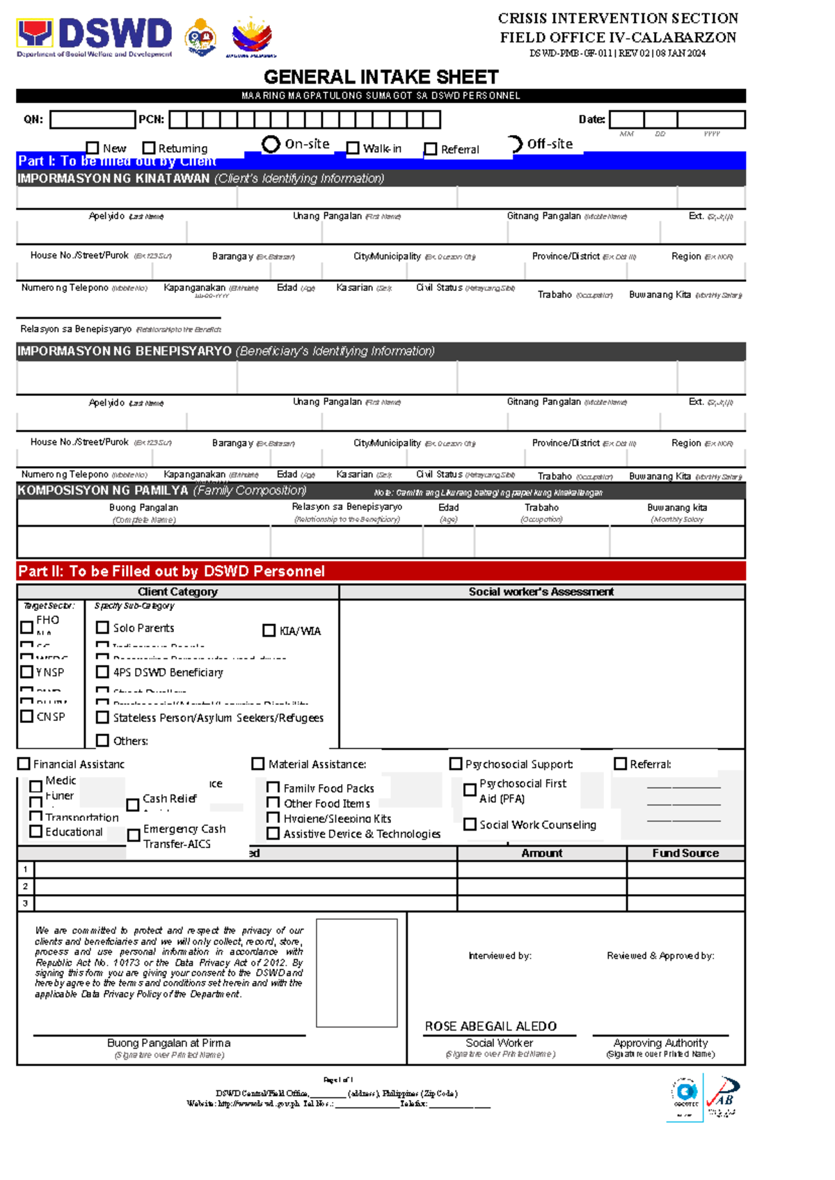 746935710 Dswd Pmb Gf 011 Rev 02 Aics General Intake Sheet - CRISIS ...
