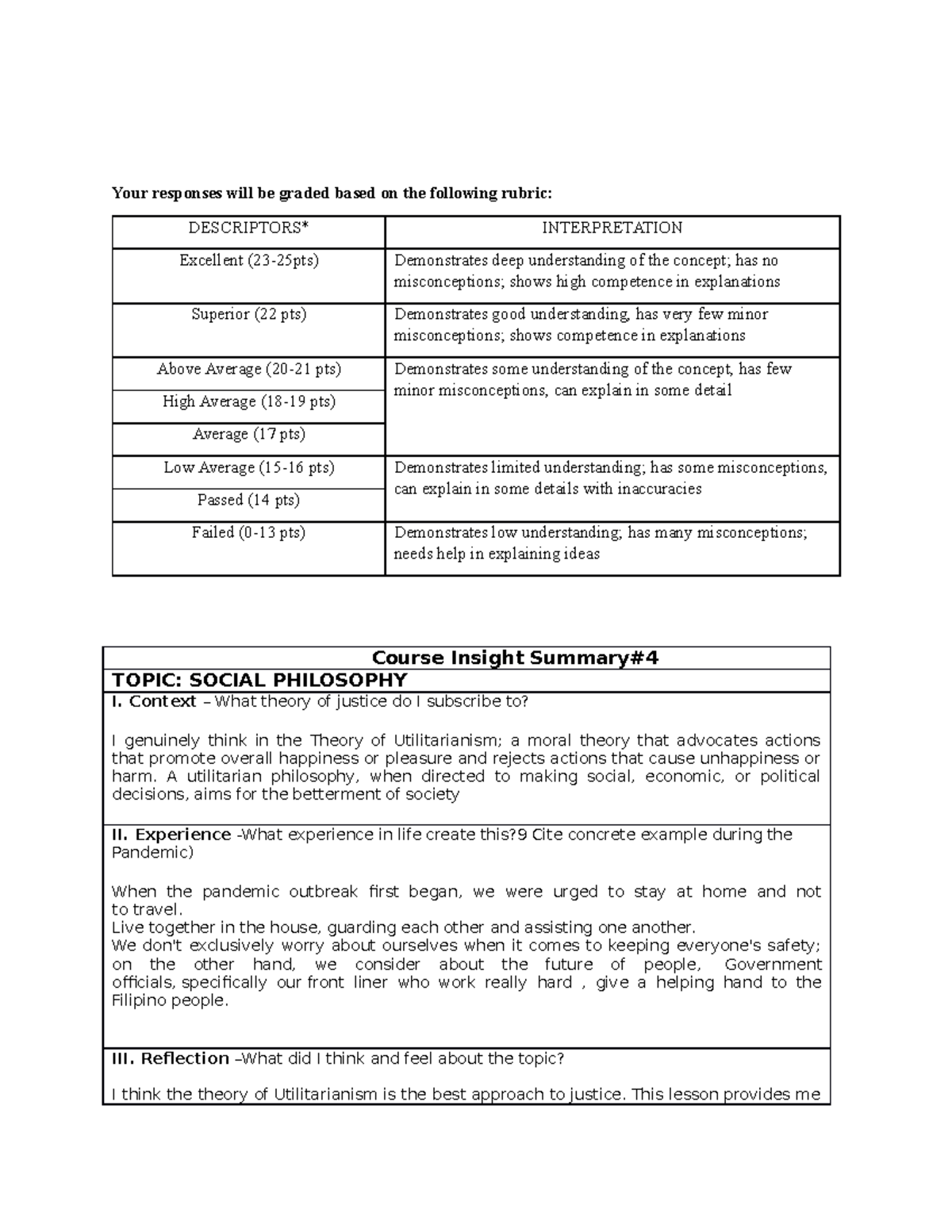 Course Insight Summary Sheet 4 - Your responses will be graded based on ...