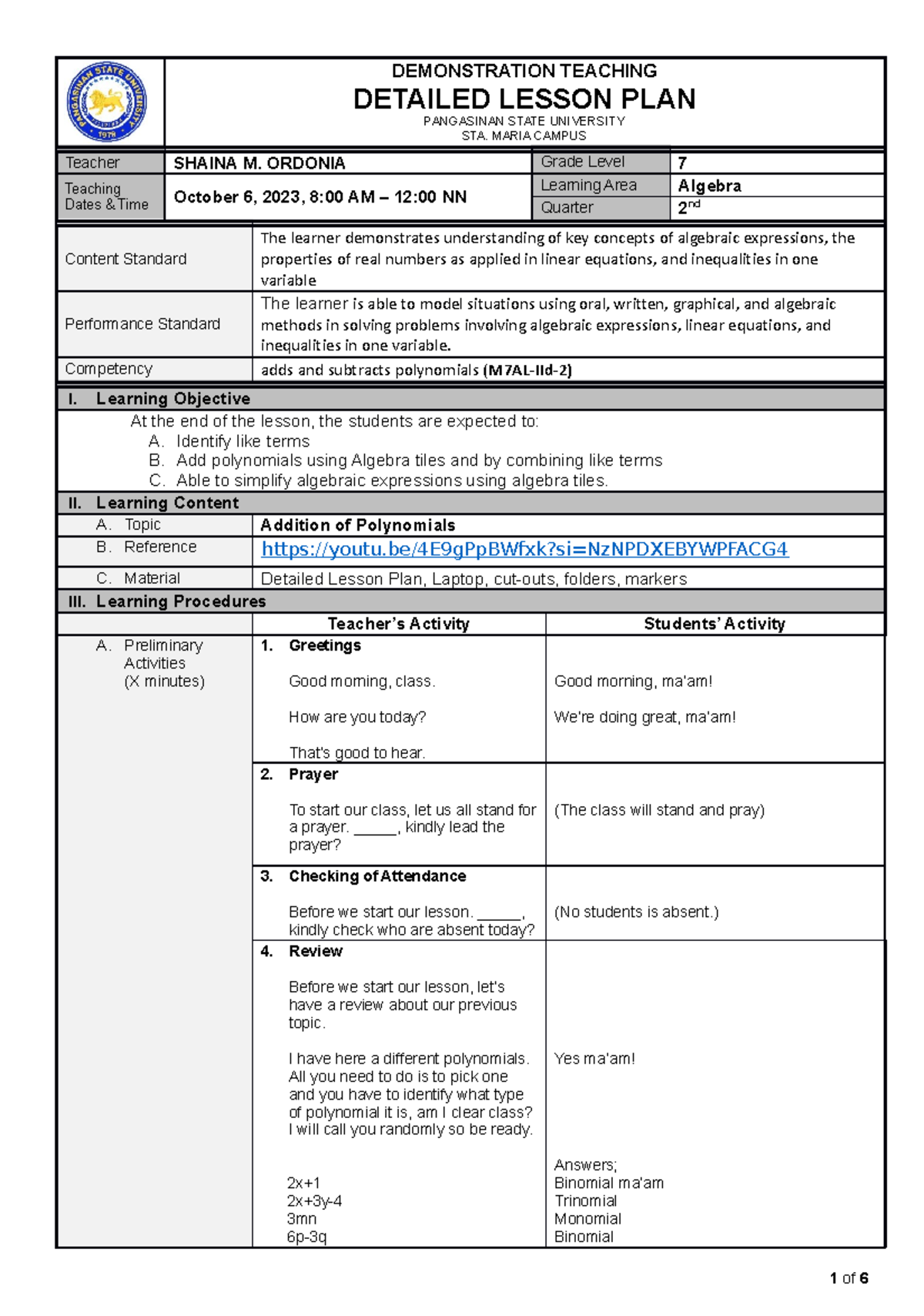 Ordonia Shaina addition of polynomials - DEMONSTRATION TEACHING ...