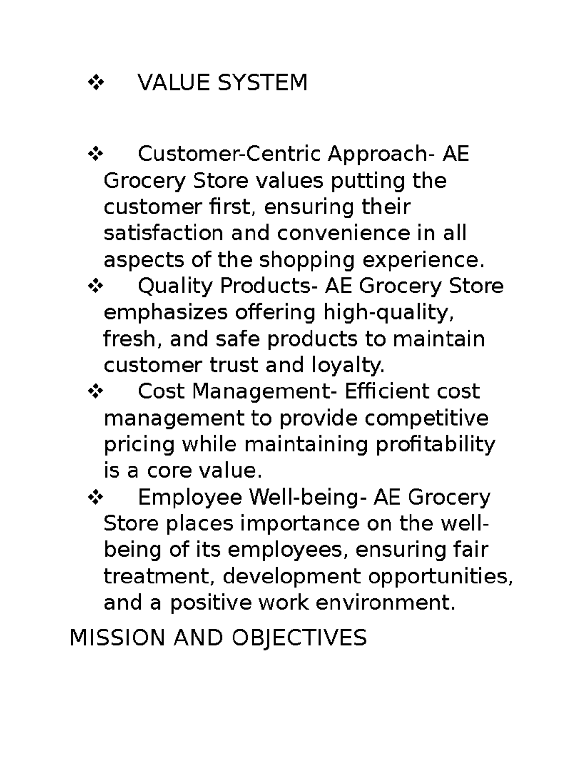 Document - VALUE SYSTEM Customer-Centric Approach- AE Grocery Store ...