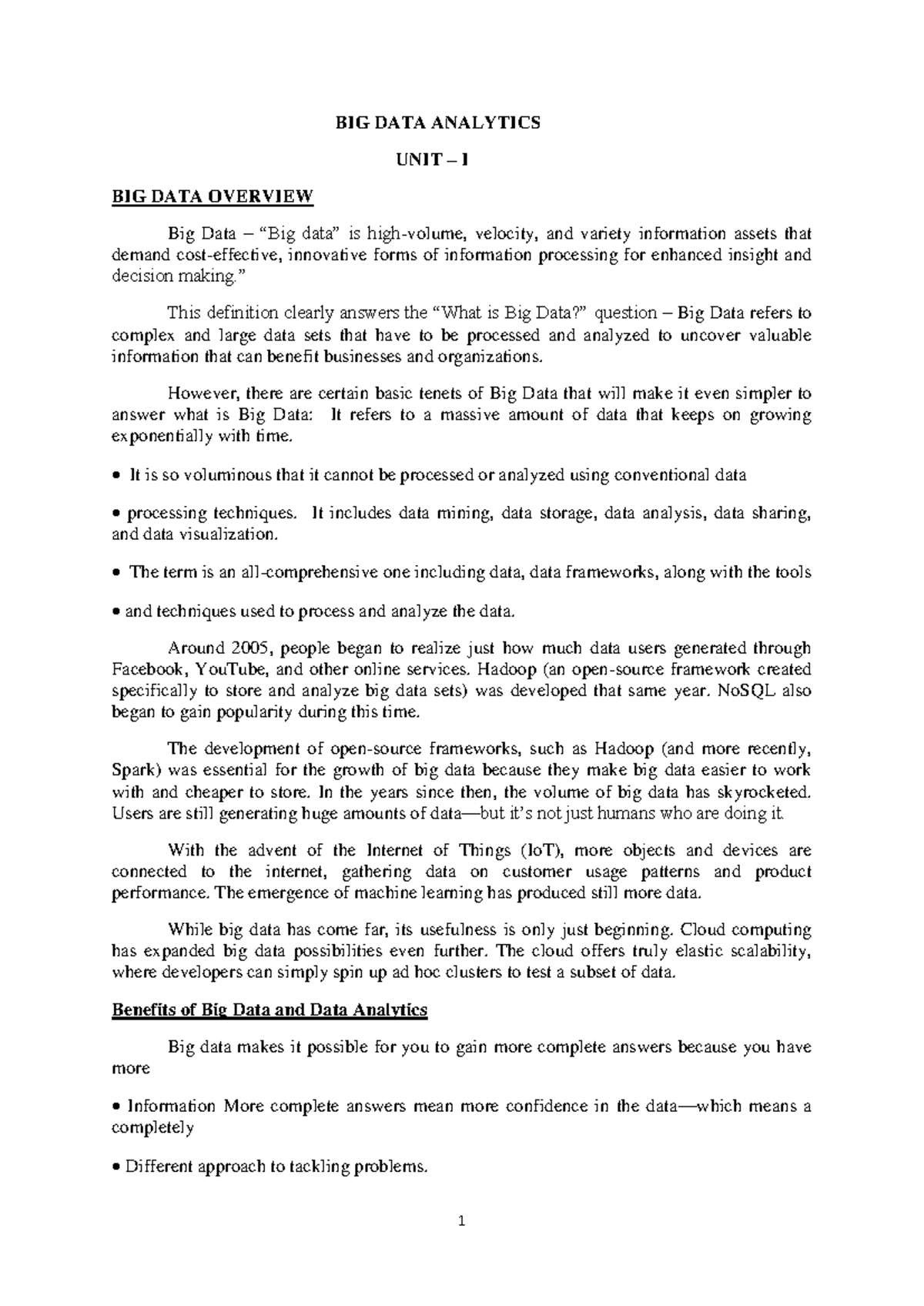 BIG DATA Final Notes - BIG DATA ANALYTICS UNIT – I BIG DATA OVERVIEW ...