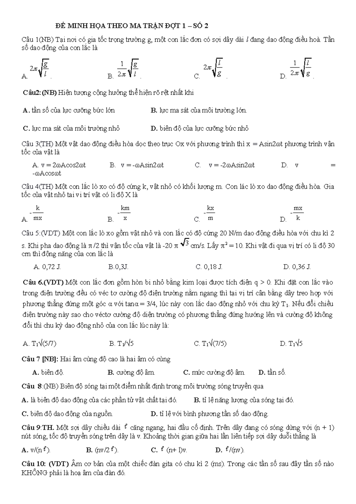 ĐỀ MINH HỌA THEO MA TRẬN ĐỢT 12 - Tần số dao động của con lắc là A. 2 g l . B. 1 2 g l. C. 2 l g ...