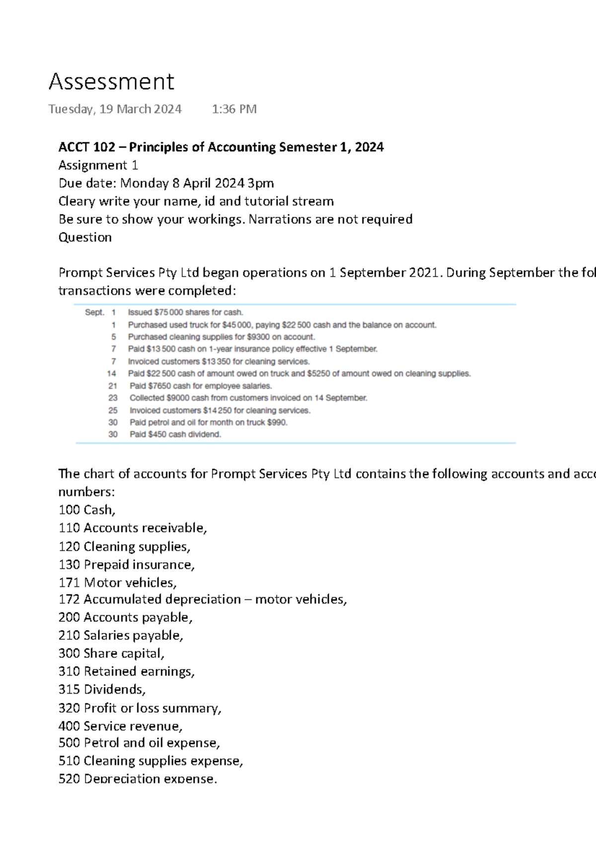 Accounting assessment 1 - ACCT 102 – Principles of Accounting Semester ...
