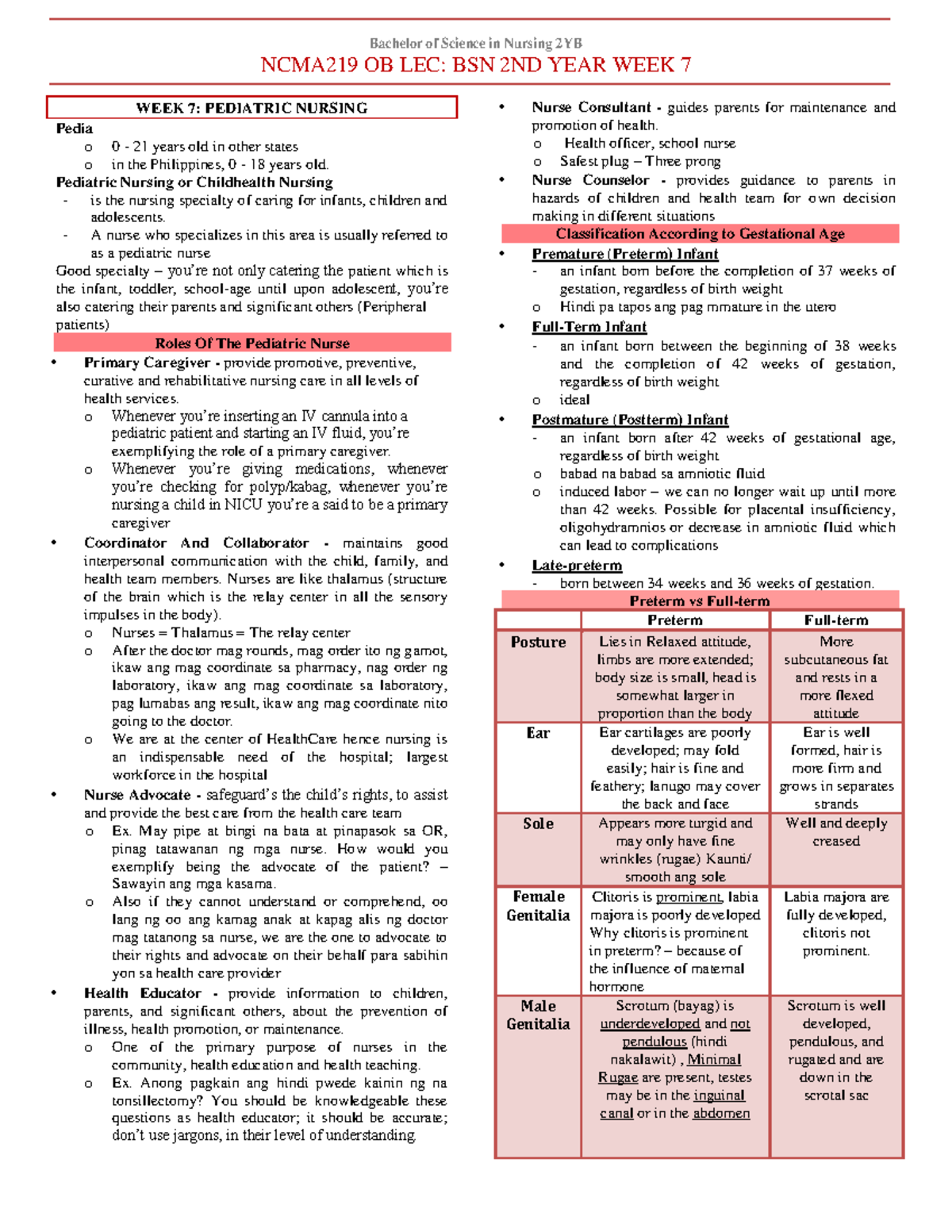 OB- Lecture WEEK-7 - hope this helps - Bachelor of Science in Nursing ...