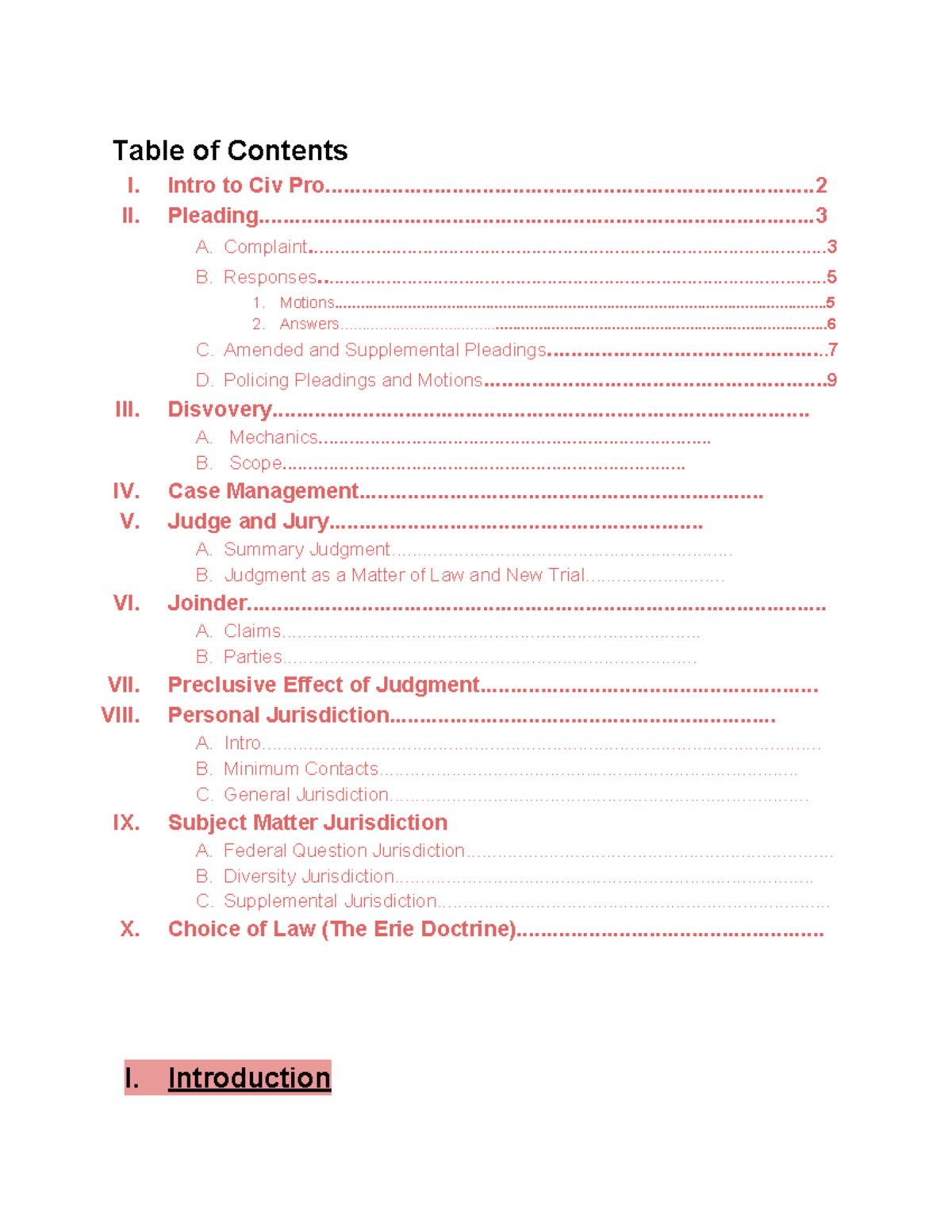 CIV PRO 2020 - Outline - Table of Contents I. Intro to Civ - Studocu