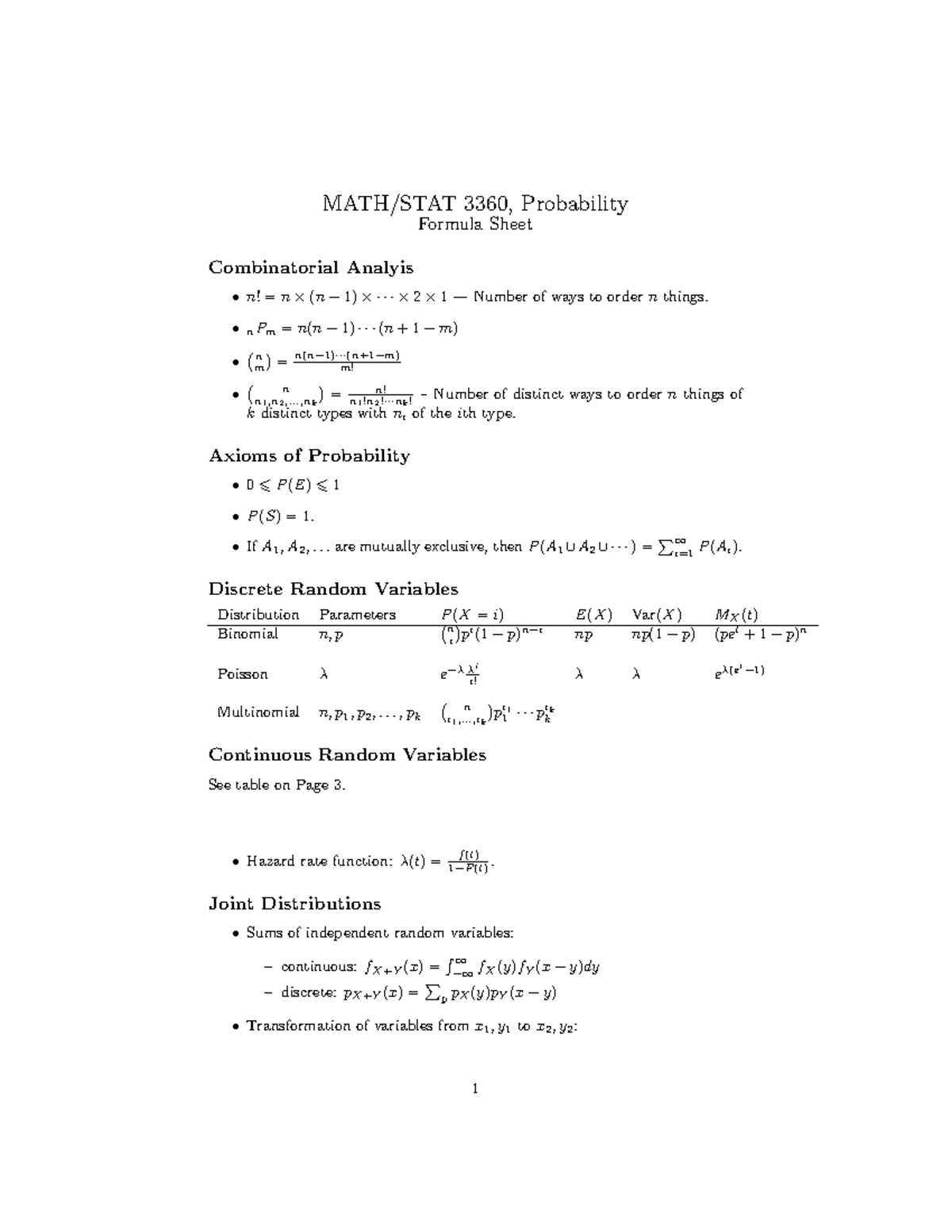 Final Formula Sheet MATH STAT 3360 Probability Formula Sheet