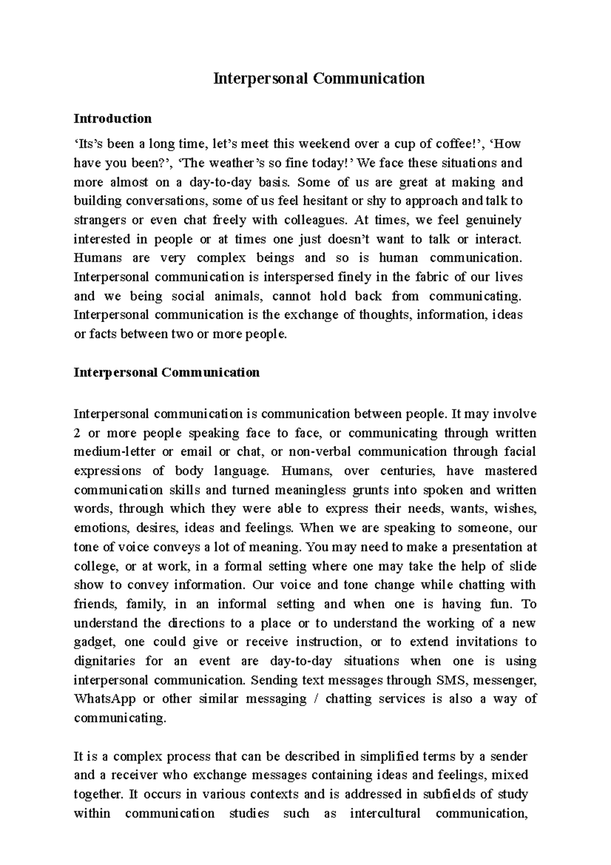 Interpersonal Communication - Interpersonal Communication Introduction ...