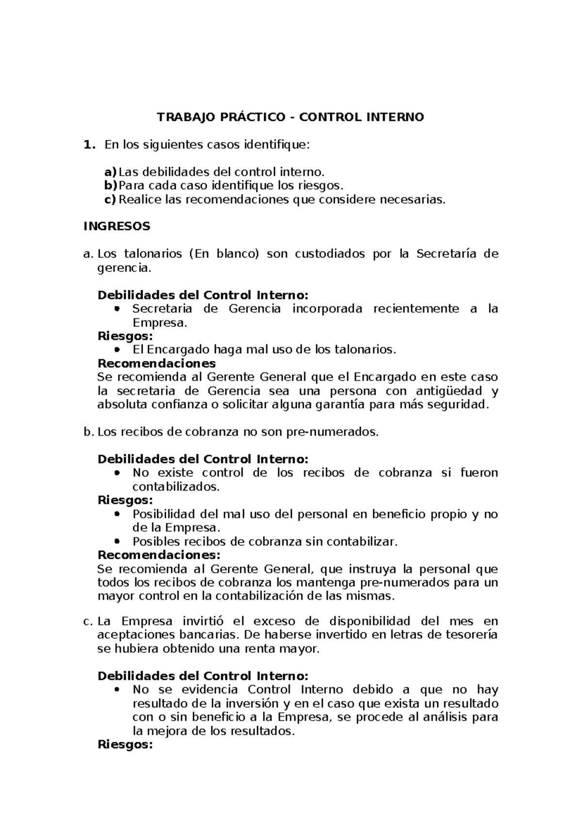 Trabajo Práctico - control interno de auditoria - TRABAJO PRÁCTICO - CONTROL INTERNO En los ...