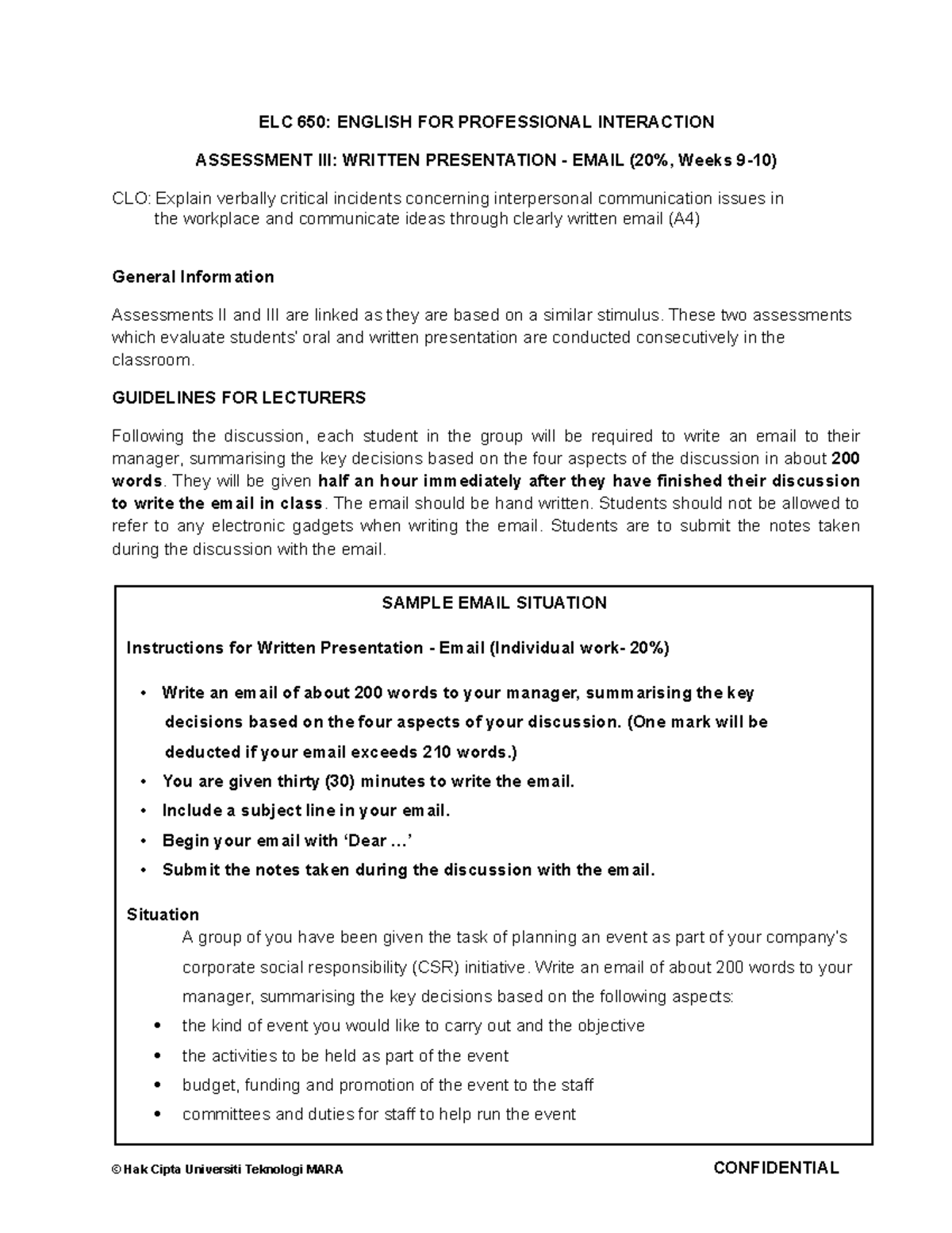 ELC650 Email Guidelines - ELC 650: ENGLISH FOR PROFESSIONAL INTERACTION ASSESSMENT III: WRITTEN ...