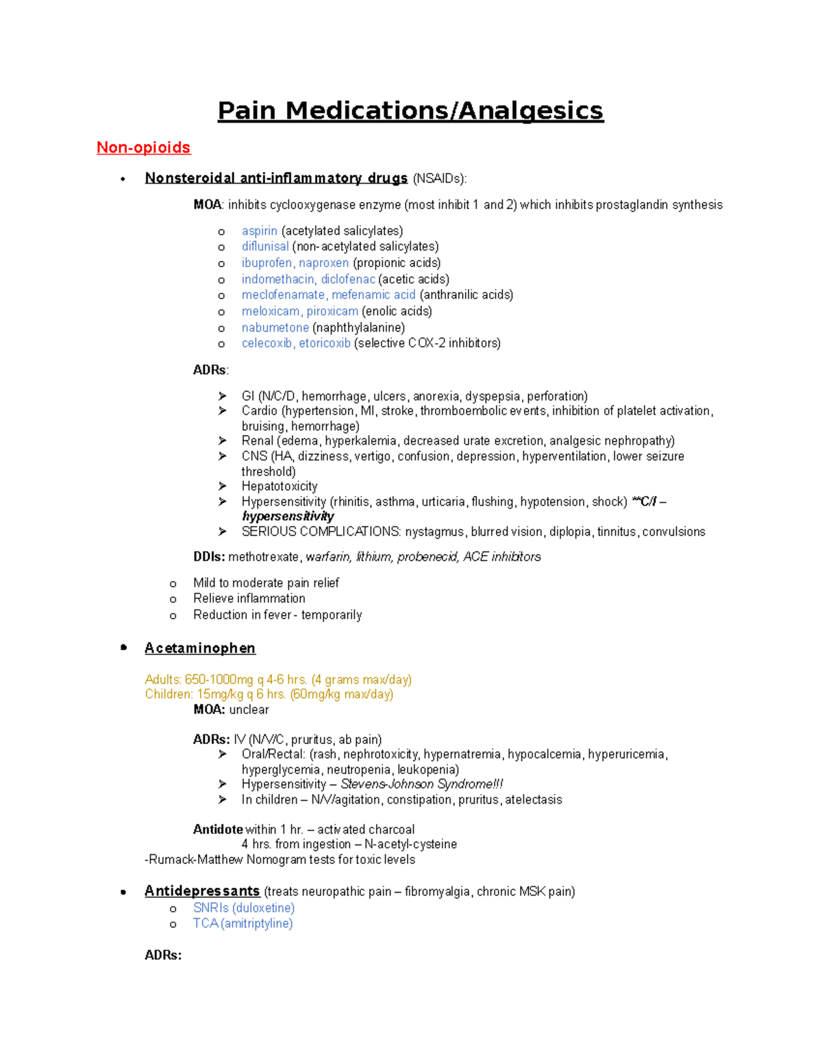 Pain Medications - Summary of pain meds from lecture - NURS 3365 - UT ...