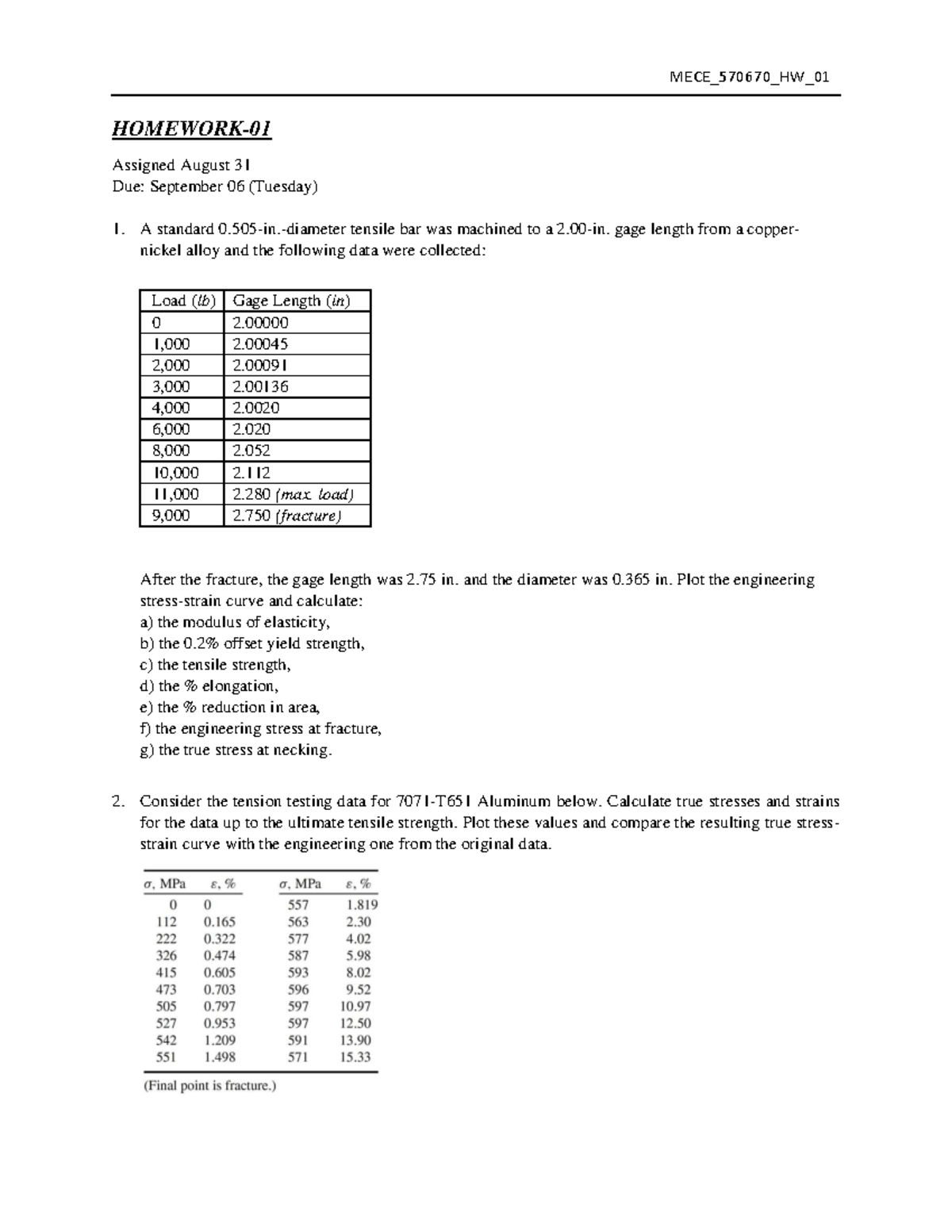 MECE 570670 HW 01 Solution - HOMEWORK- Assigned August 31 Due: September 06 (Tuesday) A standard ...