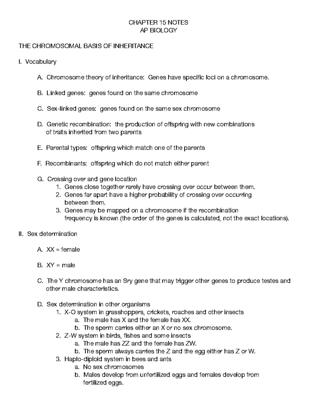 Chapter 15 notes: THE CHROMOSOMAL BASIS OF INHERITANCE - CHAPTER 15 ...