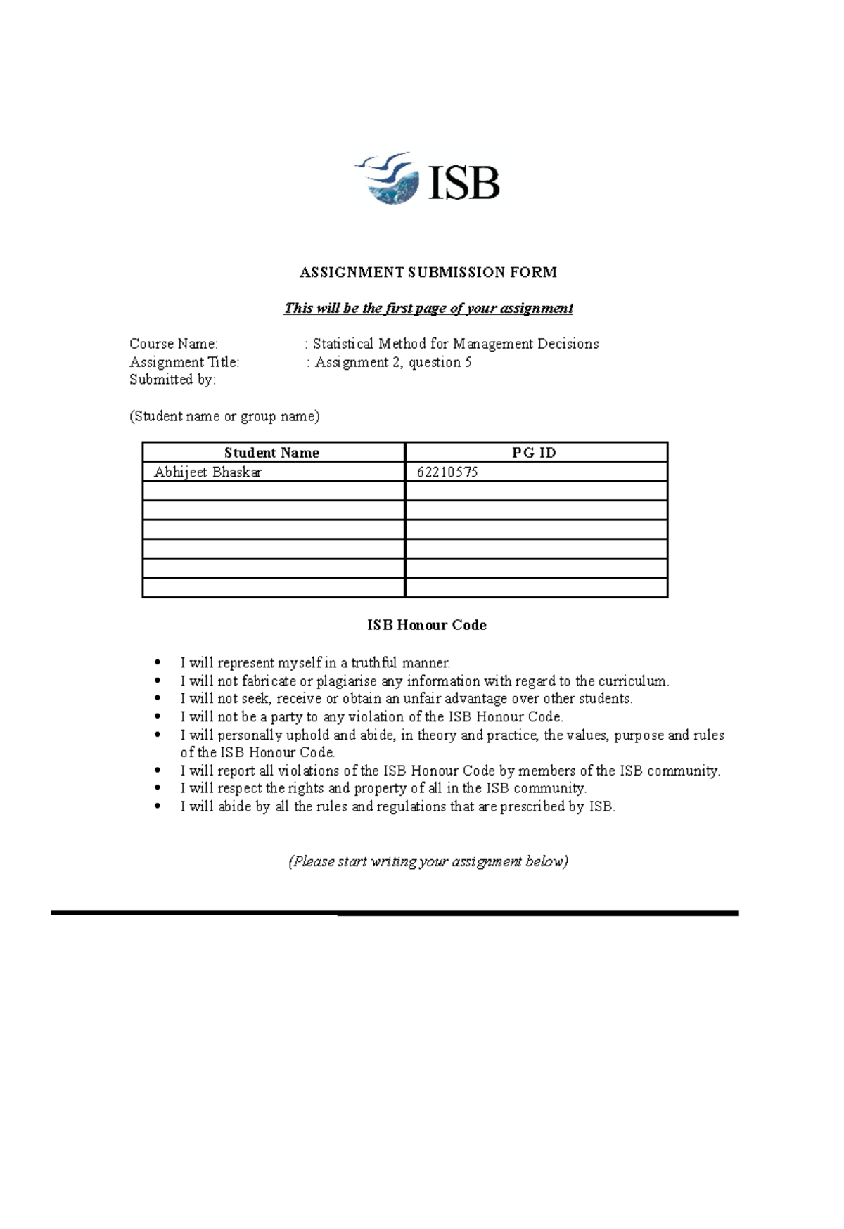 Assignment 2 Stats Assignement Assignment Submission Form This Will