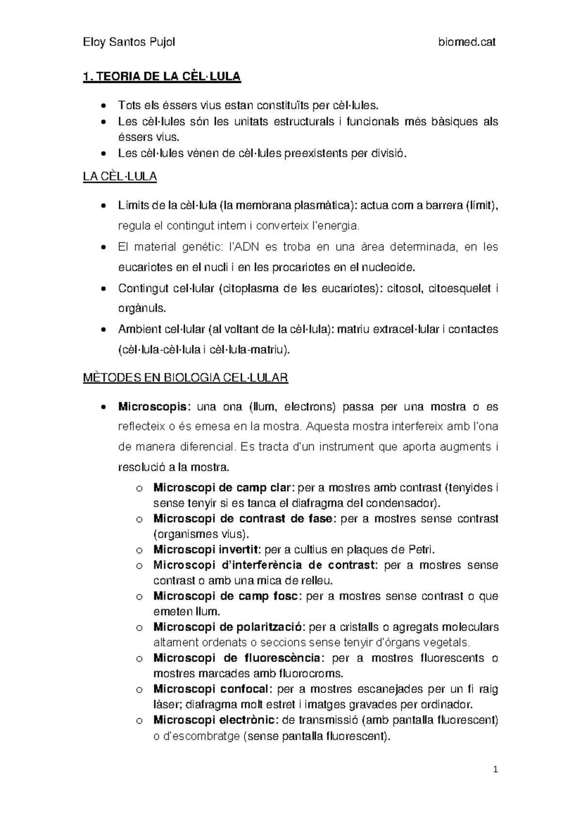 1. Resum ELOY Santos - Citologia - Eloy Santos Pujol biomed 1 1. TEORIA ...