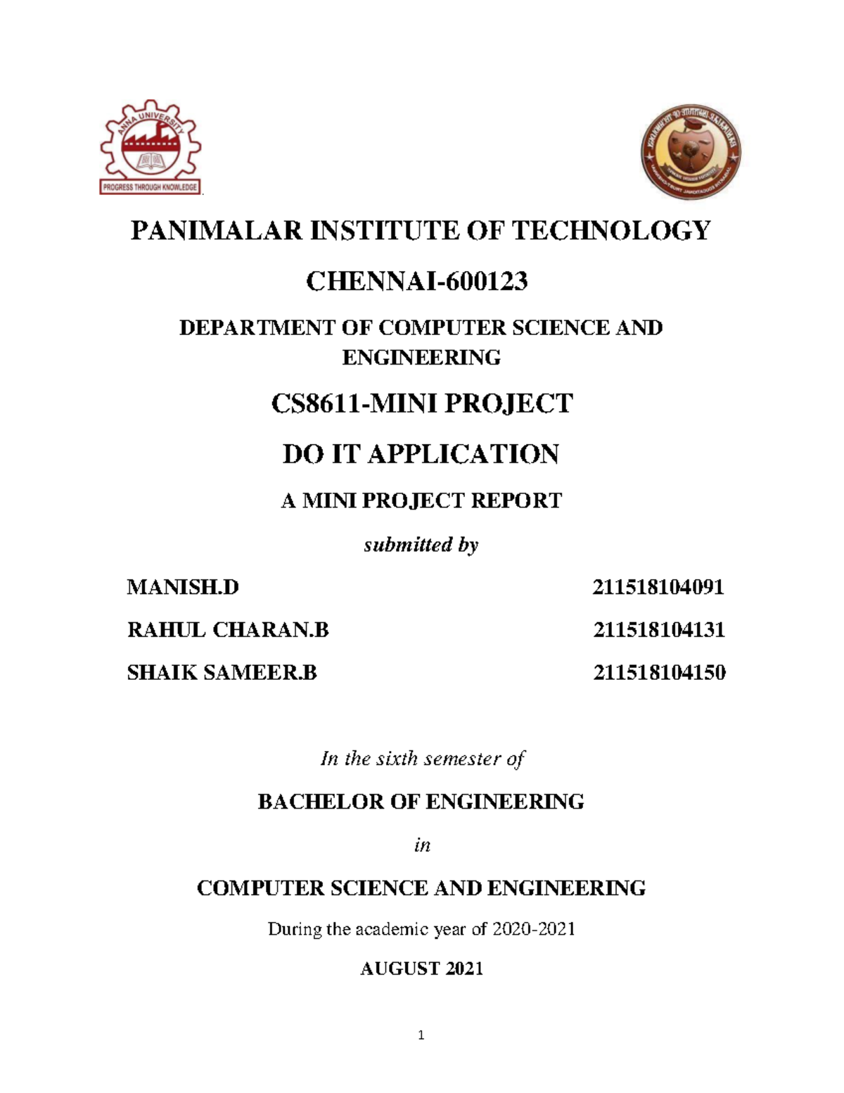 Do it application - for course - . PANIMALAR INSTITUTE OF TECHNOLOGY ...