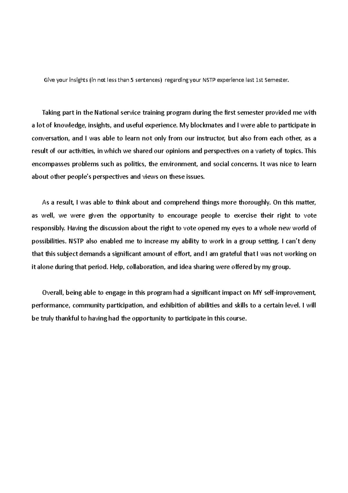 NSTP1 course experience - Give your insights (in not less than 5 ...