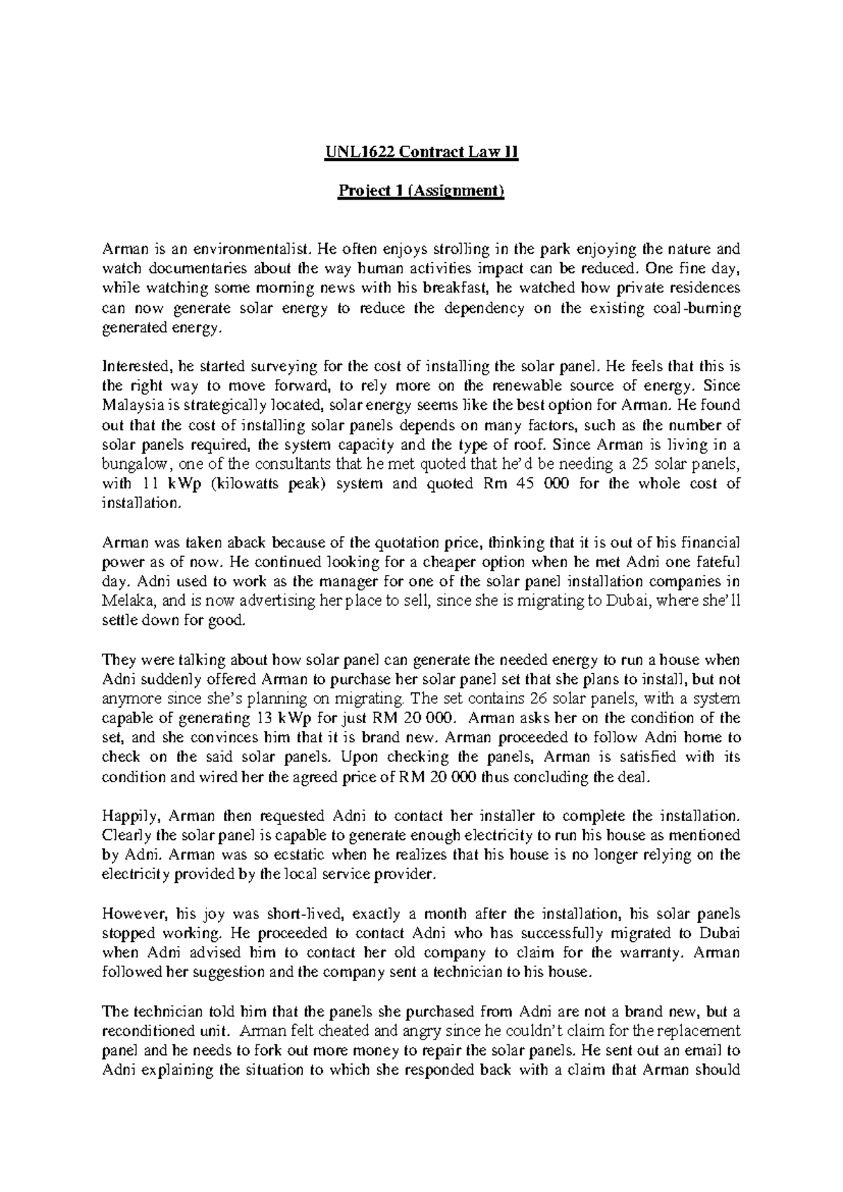 Project 1 Assignment - UNL1622 Contract Law II Project 1 (Assignment ...