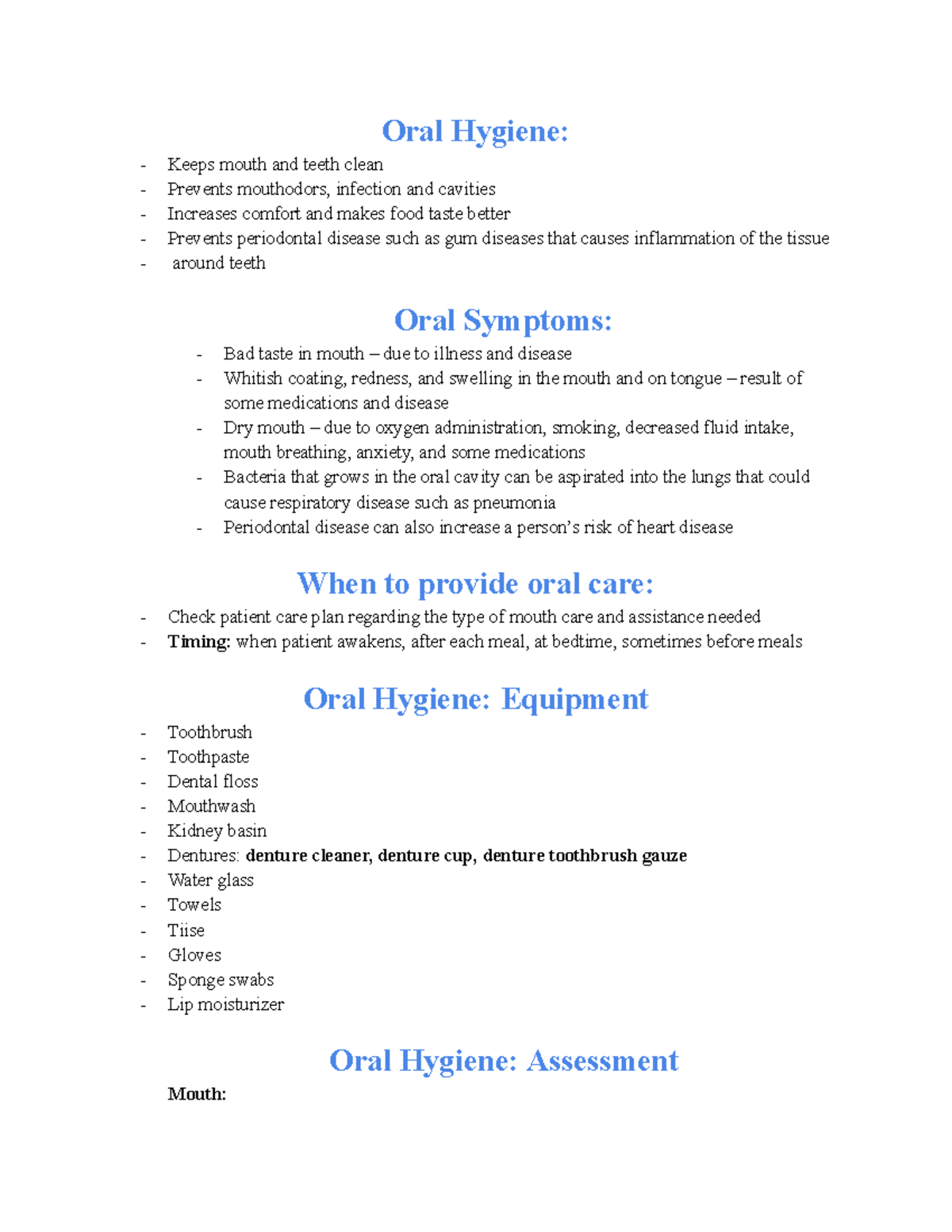 NURS 1100 WEEK 12: oral hygiene and assisting with meals - Oral Hygiene ...