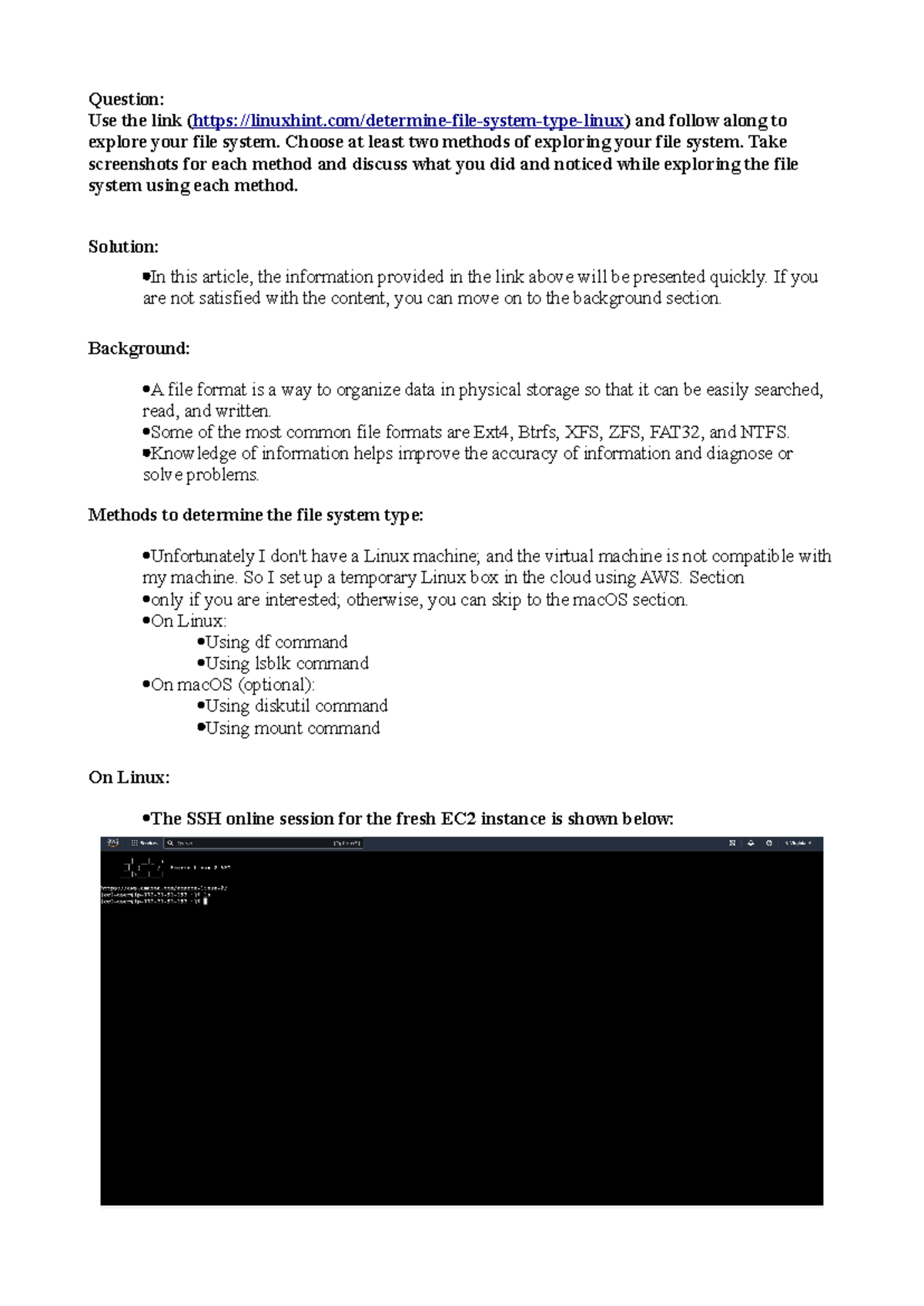 CS 2301 Assignment unit 6 - Question: Use the link (linuxhint/determine-file-system-type-linux ...