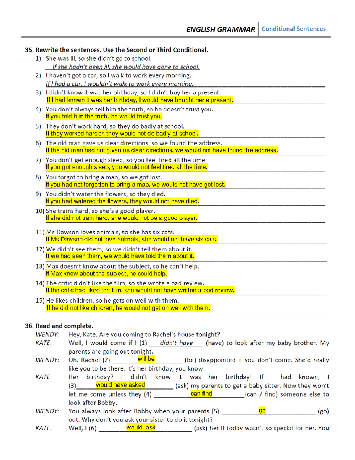 Grammar chart and exercises - If I had known it was her birthday, I ...