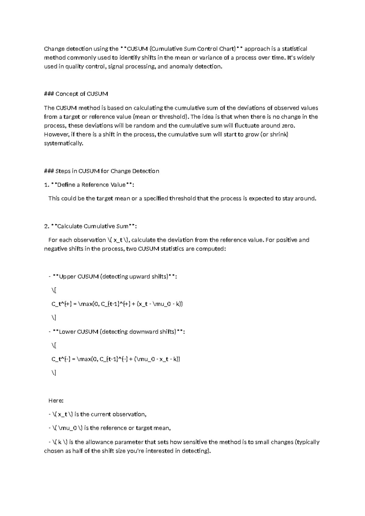 Cusum explaination - Change detection using the CUSUM (Cumulative Sum Control Chart) approach is ...