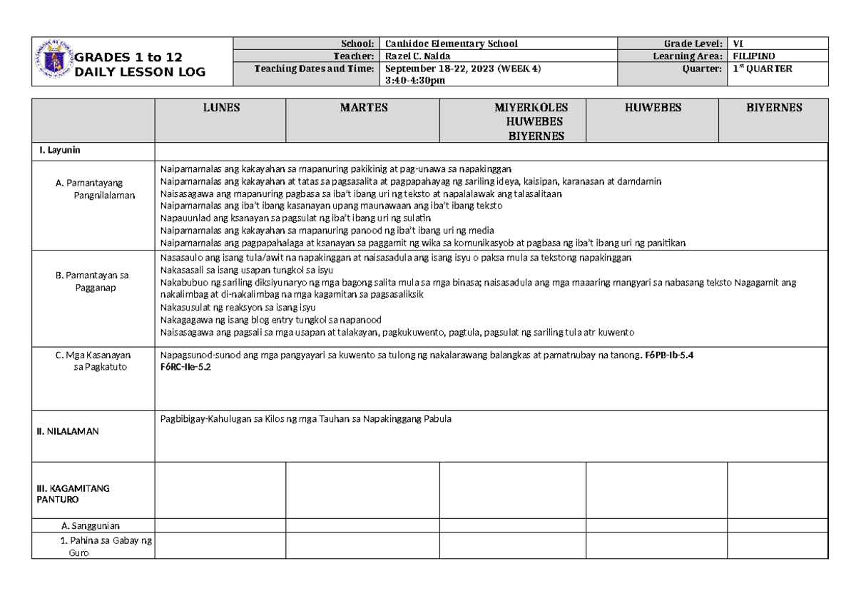DLL Filipino 6 Q1 W4 - DLL - GRADES 1 to 12 DAILY LESSON LOG School ...