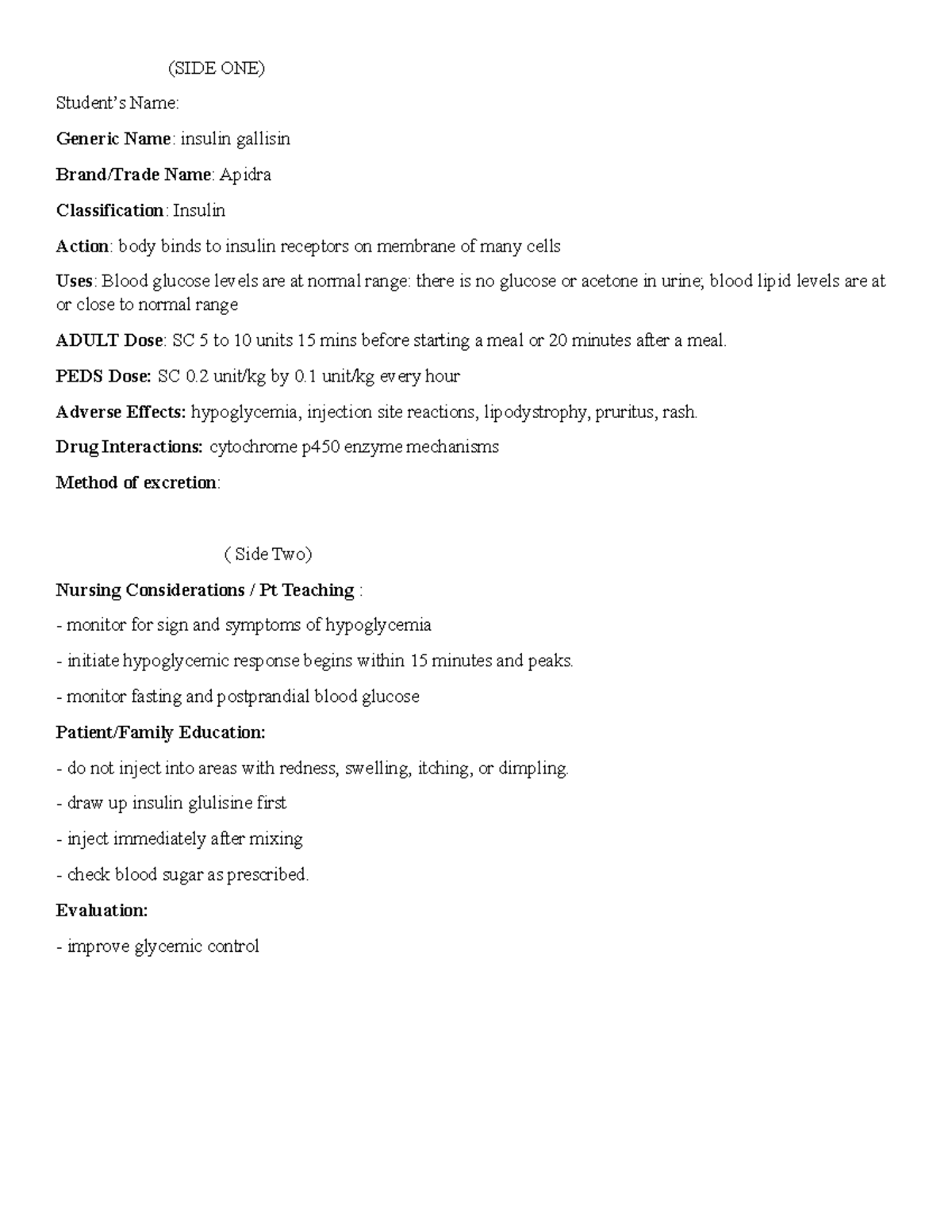 Med card - Apidra - medication card - (SIDE ONE) Student’s Name ...