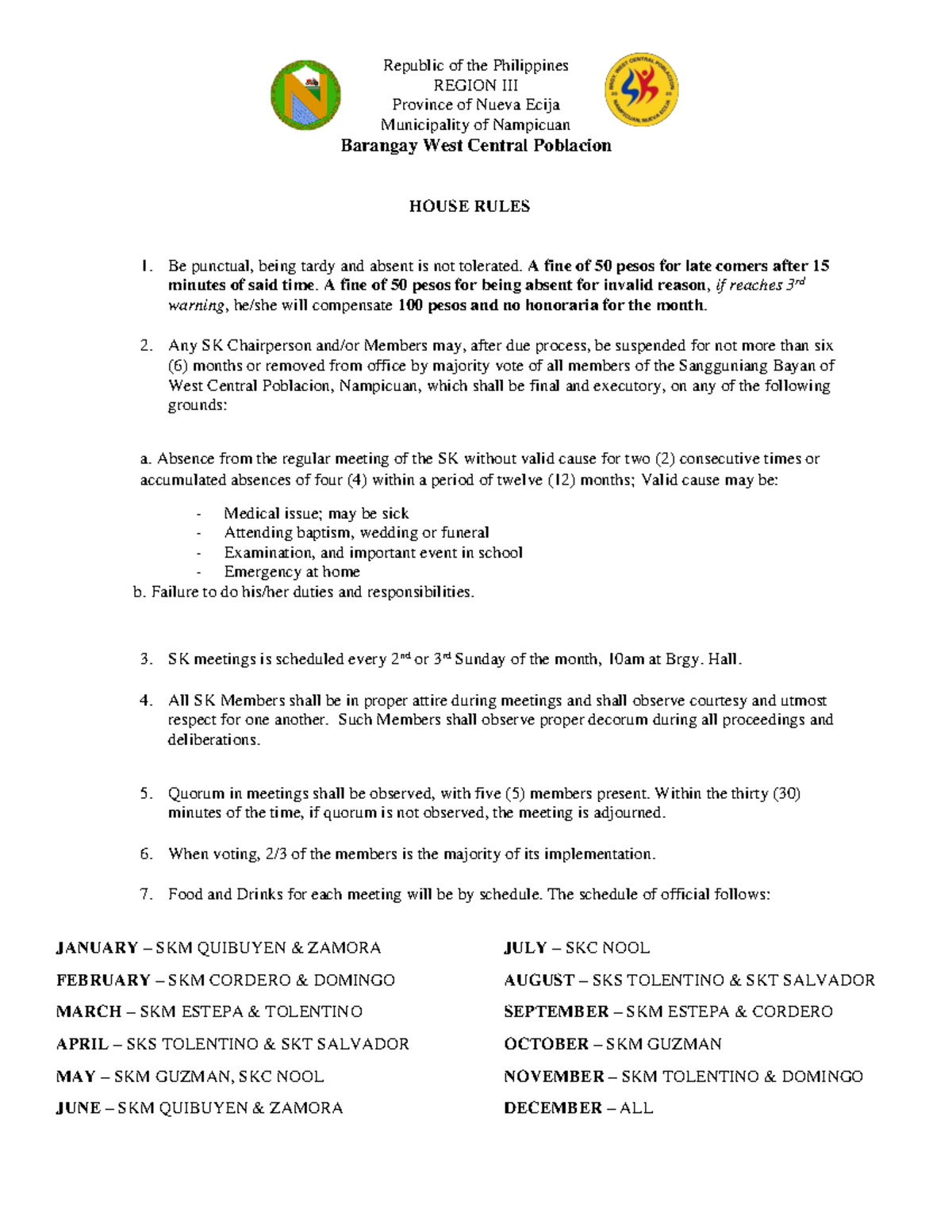 House Rules - Republic of the Philippines REGION III Province of Nueva ...