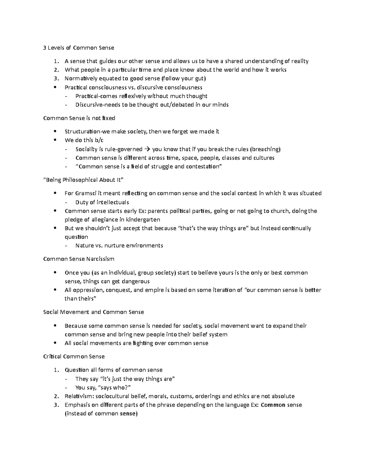 Week 1 Notes - Sam Smith SOC 1000 - 3 Levels of Common Sense A sense ...