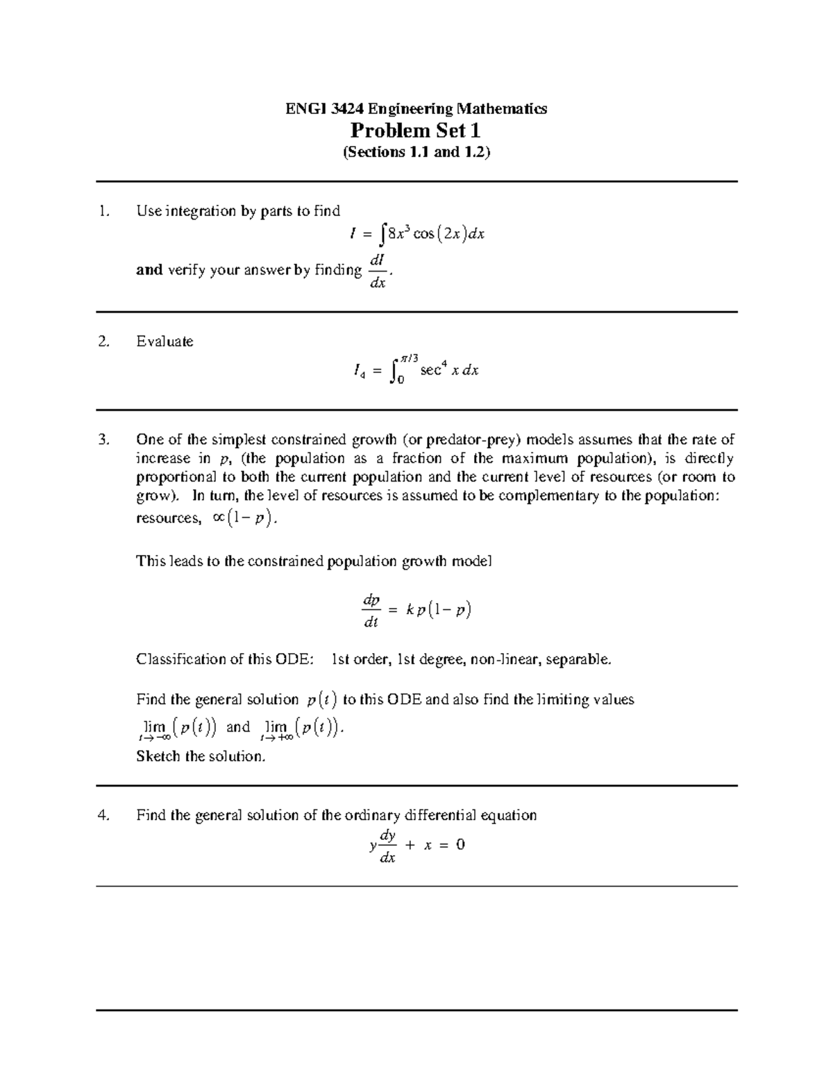 PS1Q2 - ENGI 3424 Engineering Mathematics Problem Set 1 (Sections 1 and 1) Use integration by ...
