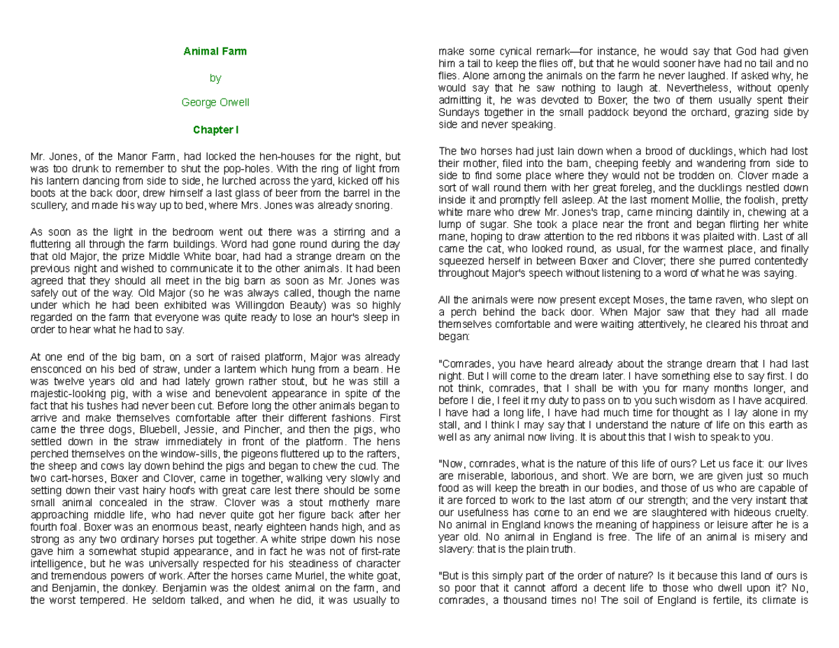 Animal-Farm - Animal Farm by George Orwell Chapter I Mr. Jones, of the ...