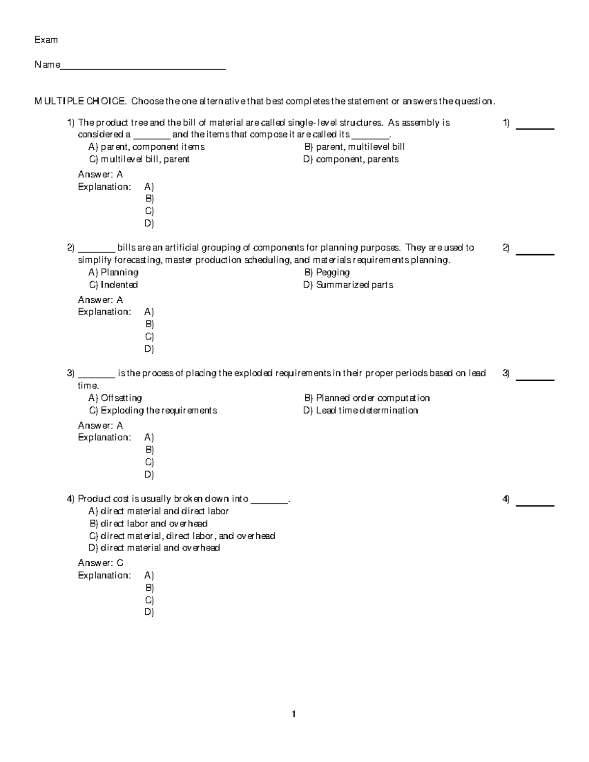 Test Bank Introduction to Materials Management 6th ed - Exam Name