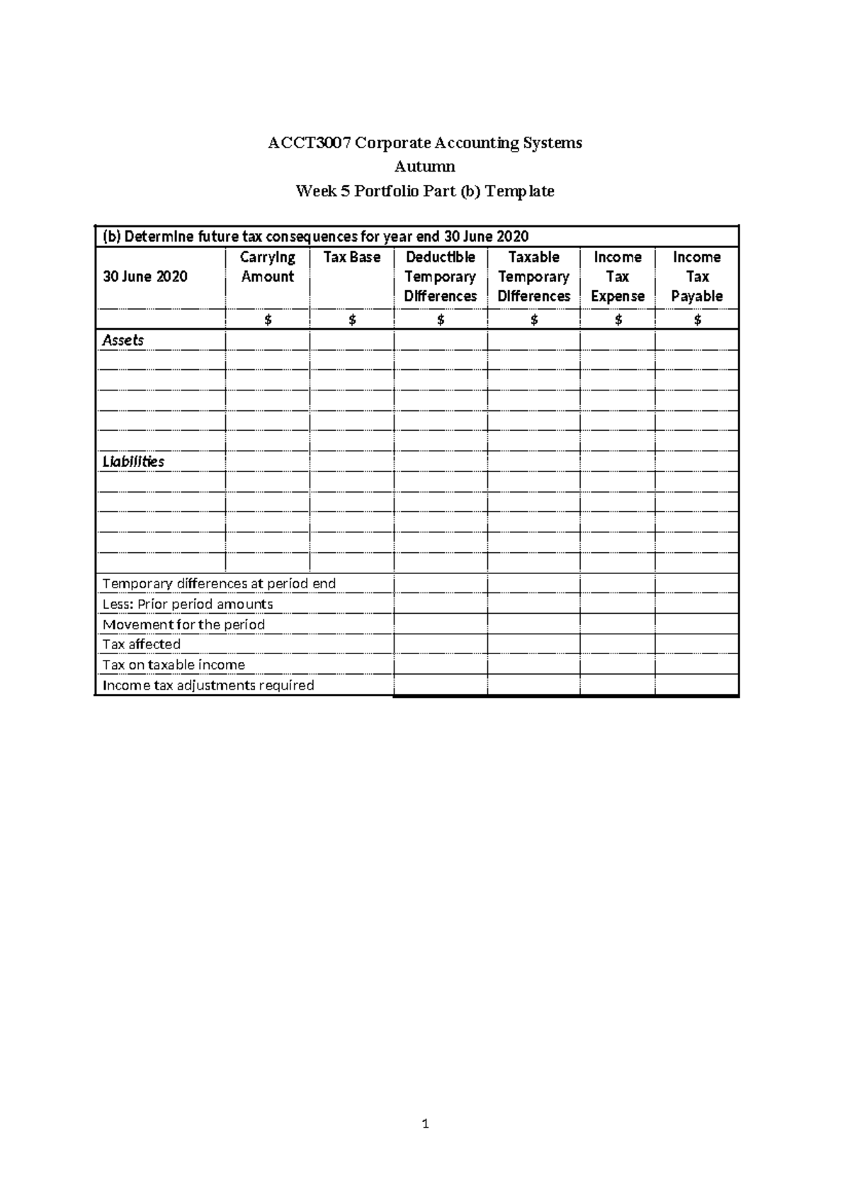 ACCT3007 Week 5 Portfolio Part (b) Template - ACCT3007 Corporate ...