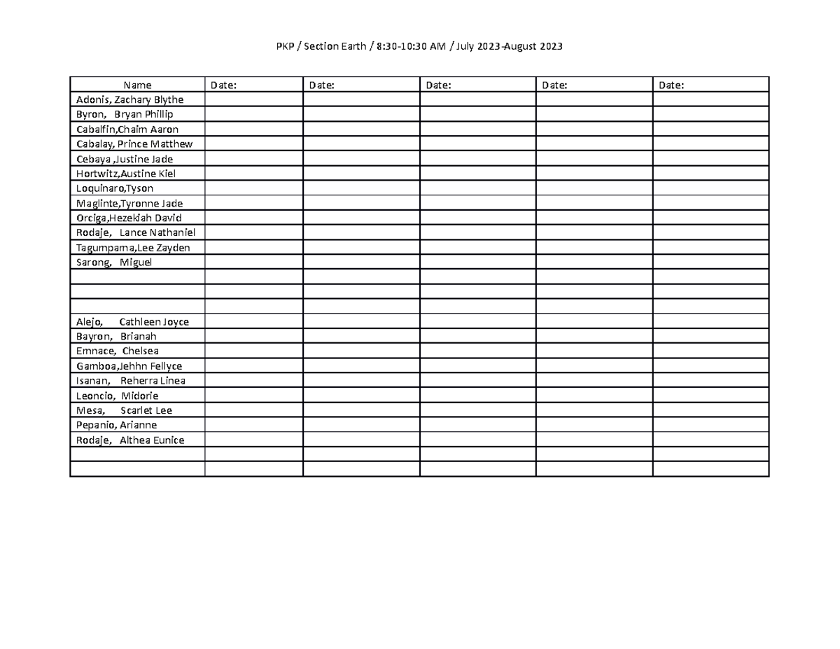 Section Earth Attendance and Class Record - PKP / Section Earth / 8:30 ...