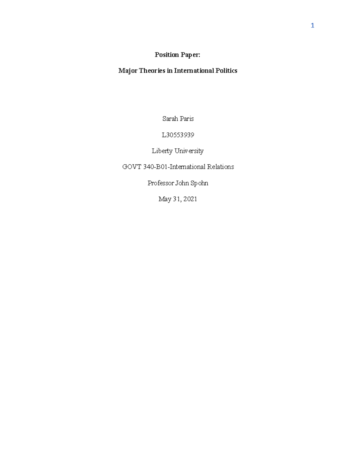 Position Paper- Week 2 - Position Paper: Major Theories in ...