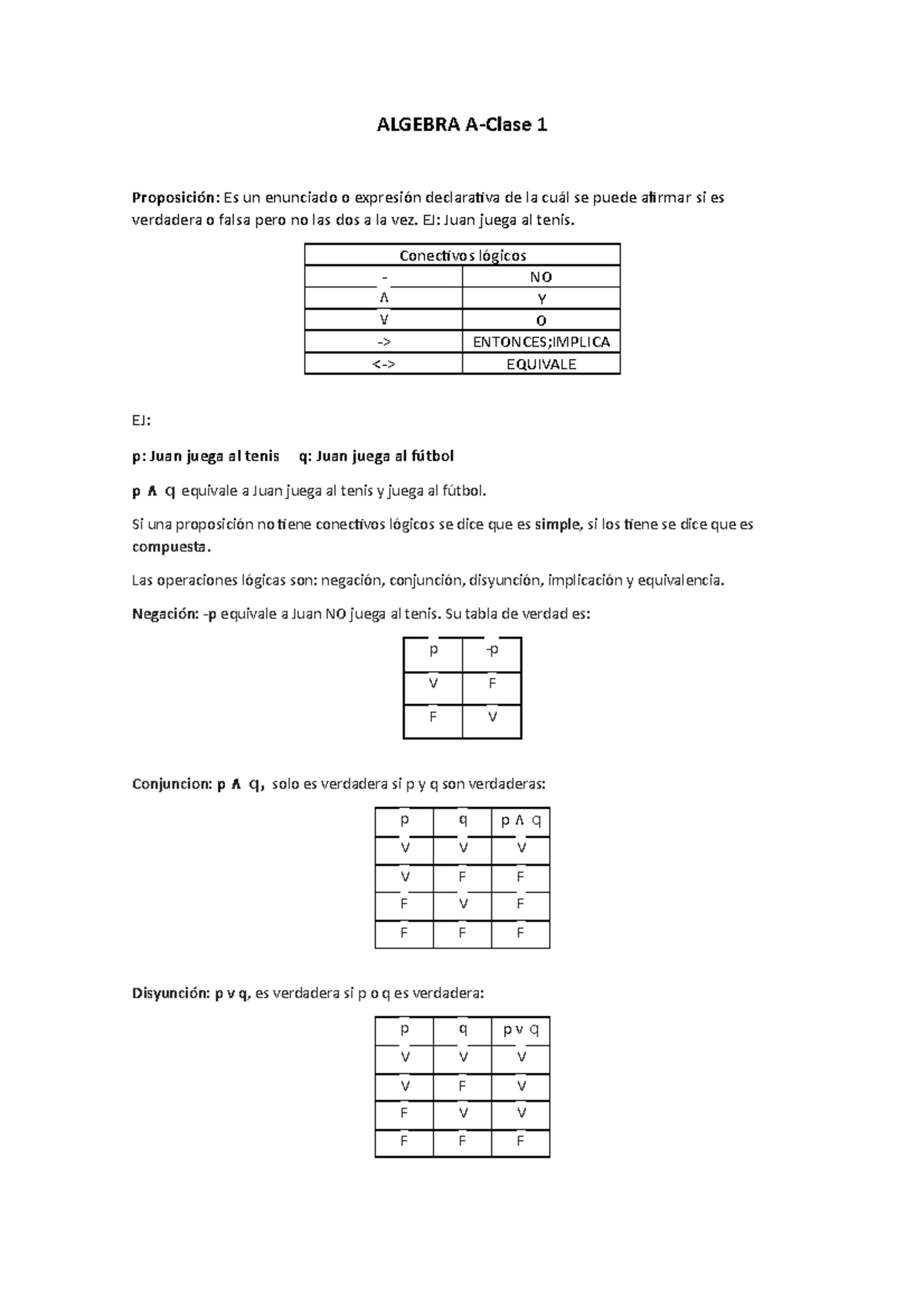 Algebra A Clase 1 - Introduccion a la lógica - ALGEBRA A-Clase 1 ...