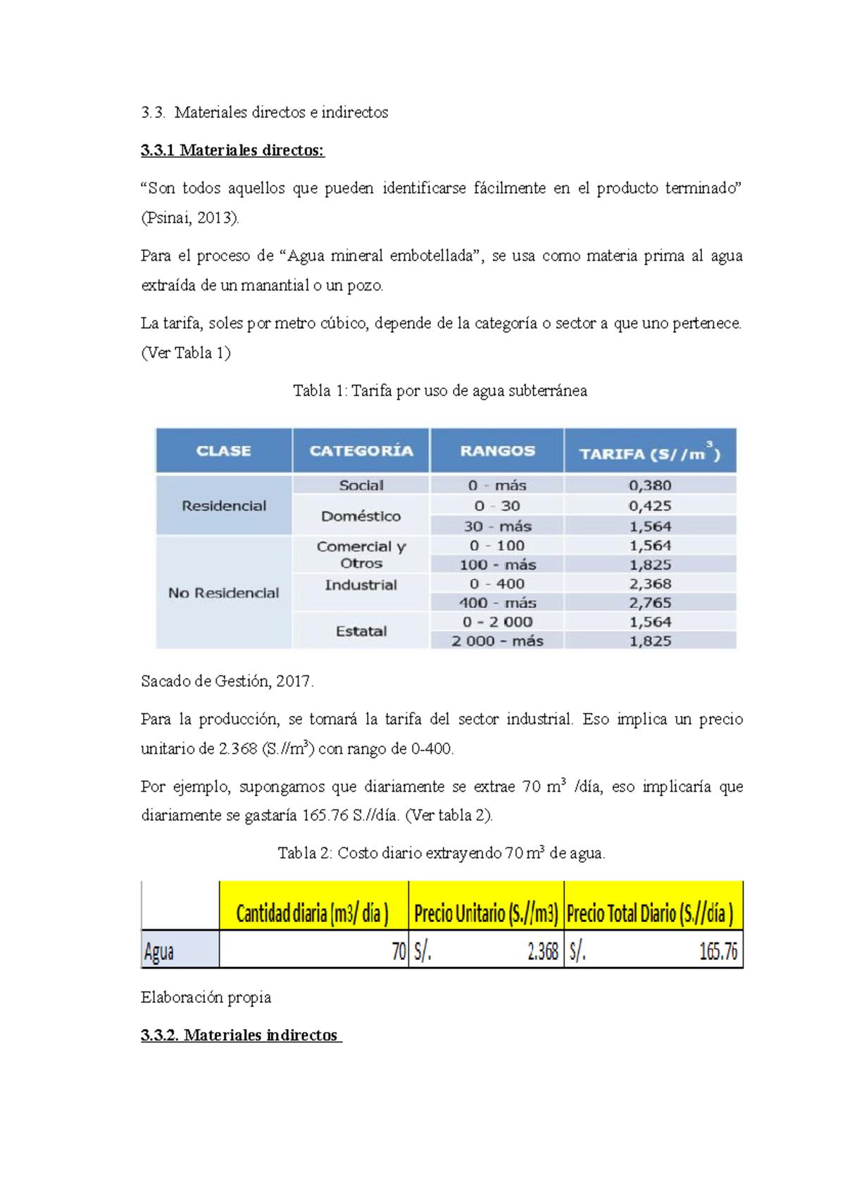 Materiales directos e indirectos - Para el proceso de “Agua mineral ...