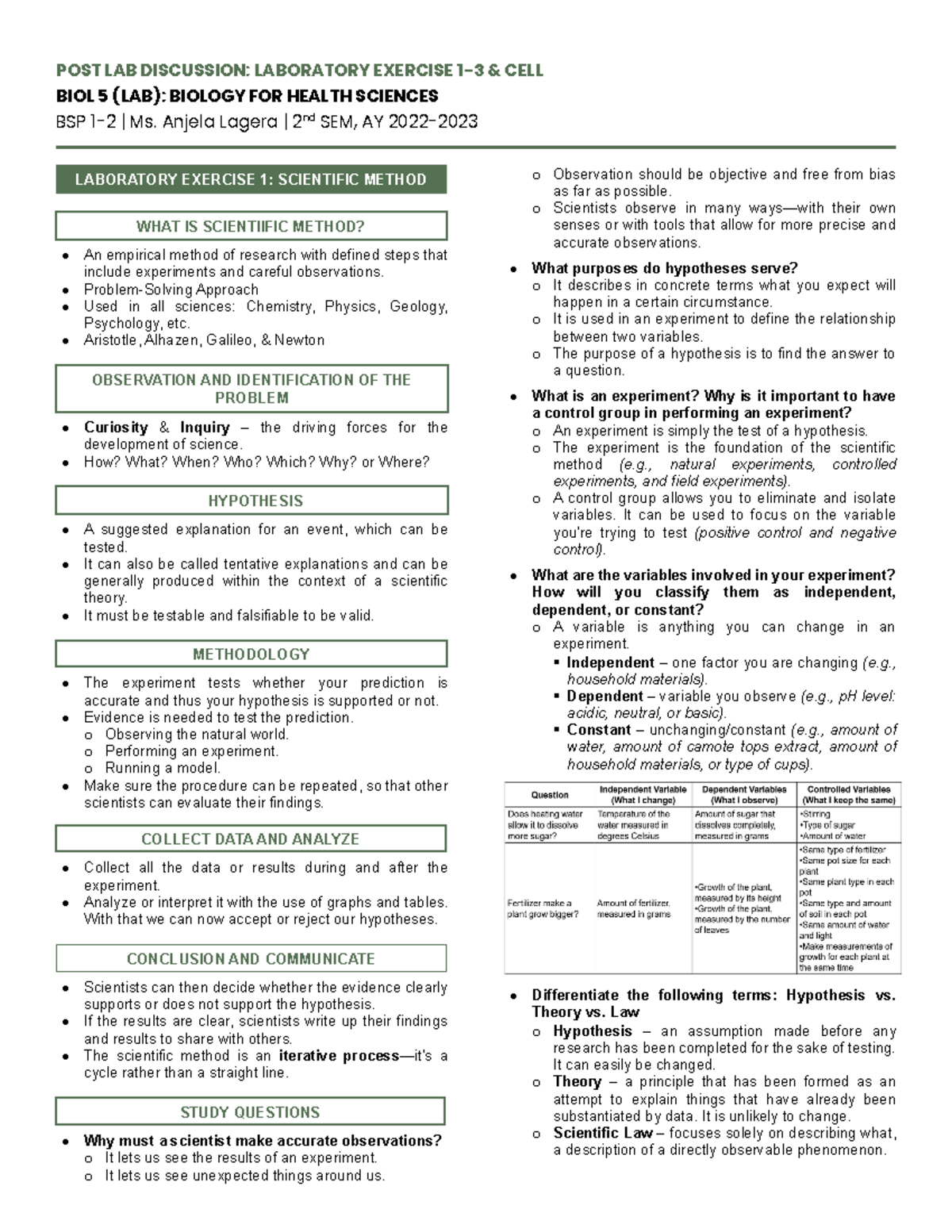 Biology for Health Sciences (Reviewer) - POST LAB DISCUSSION ...
