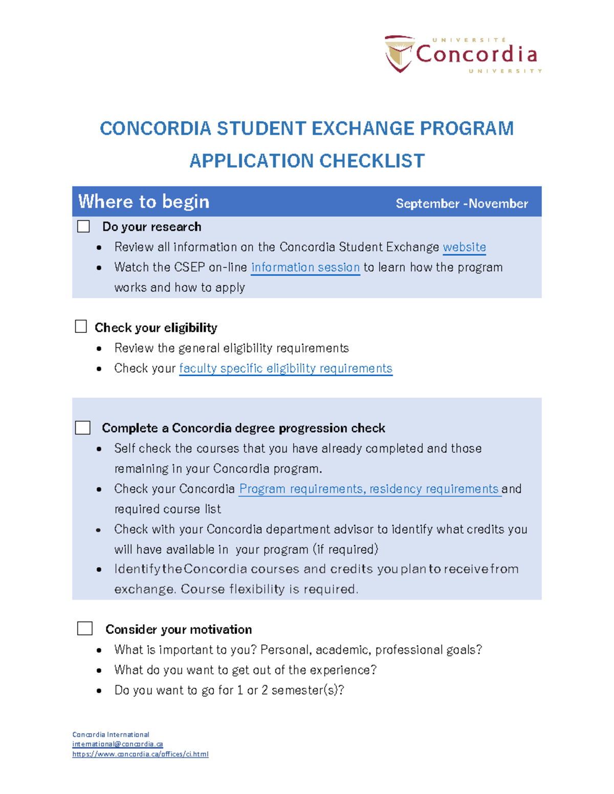Concordia Student Exchange Program Checklist - Concordia International ...