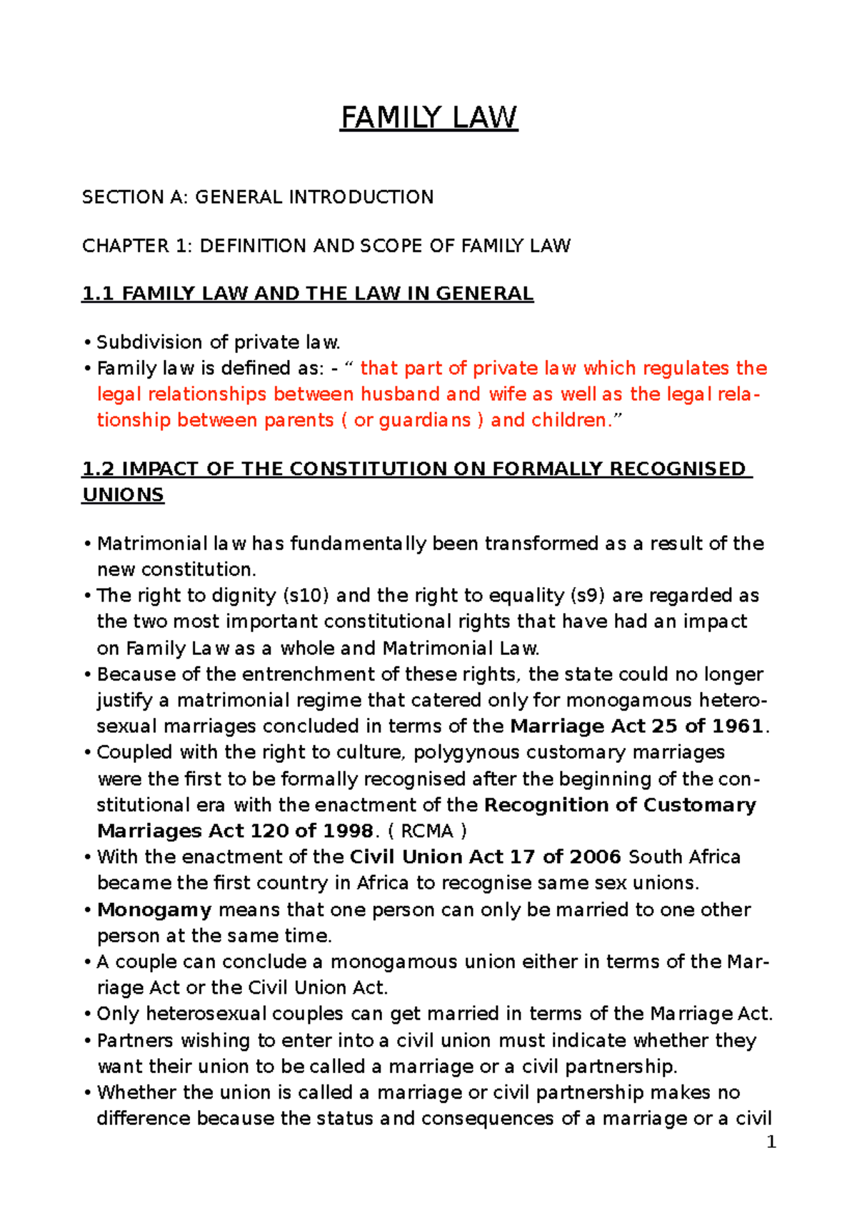 Family Law 121 Summary - FAMILY LAW SECTION A: GENERAL INTRODUCTION ...